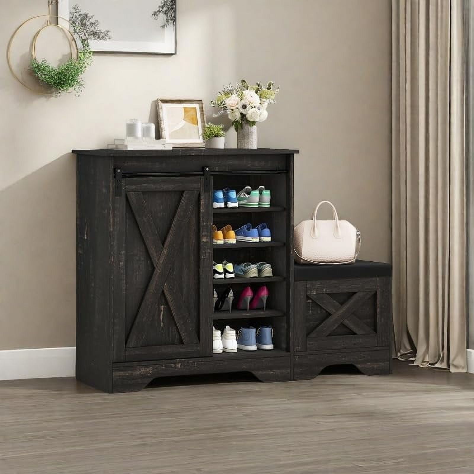 Farmhouse Shoe Storage Cabinet with Bench, 5-Tier Shoe Cabinet with ...