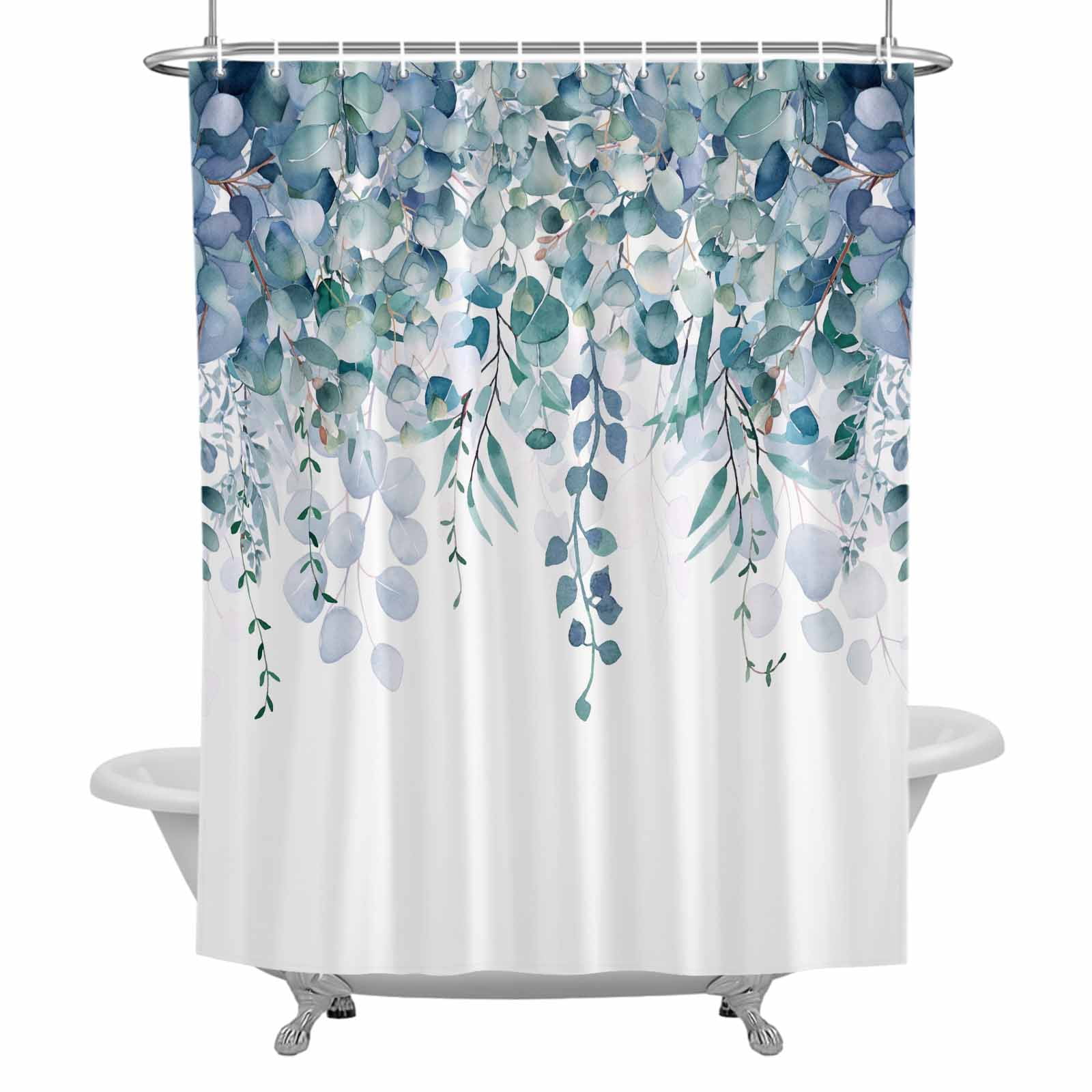 Farmhouse Shower Curtain for Bathroom, Watercolor Blue Eucalyptus ...