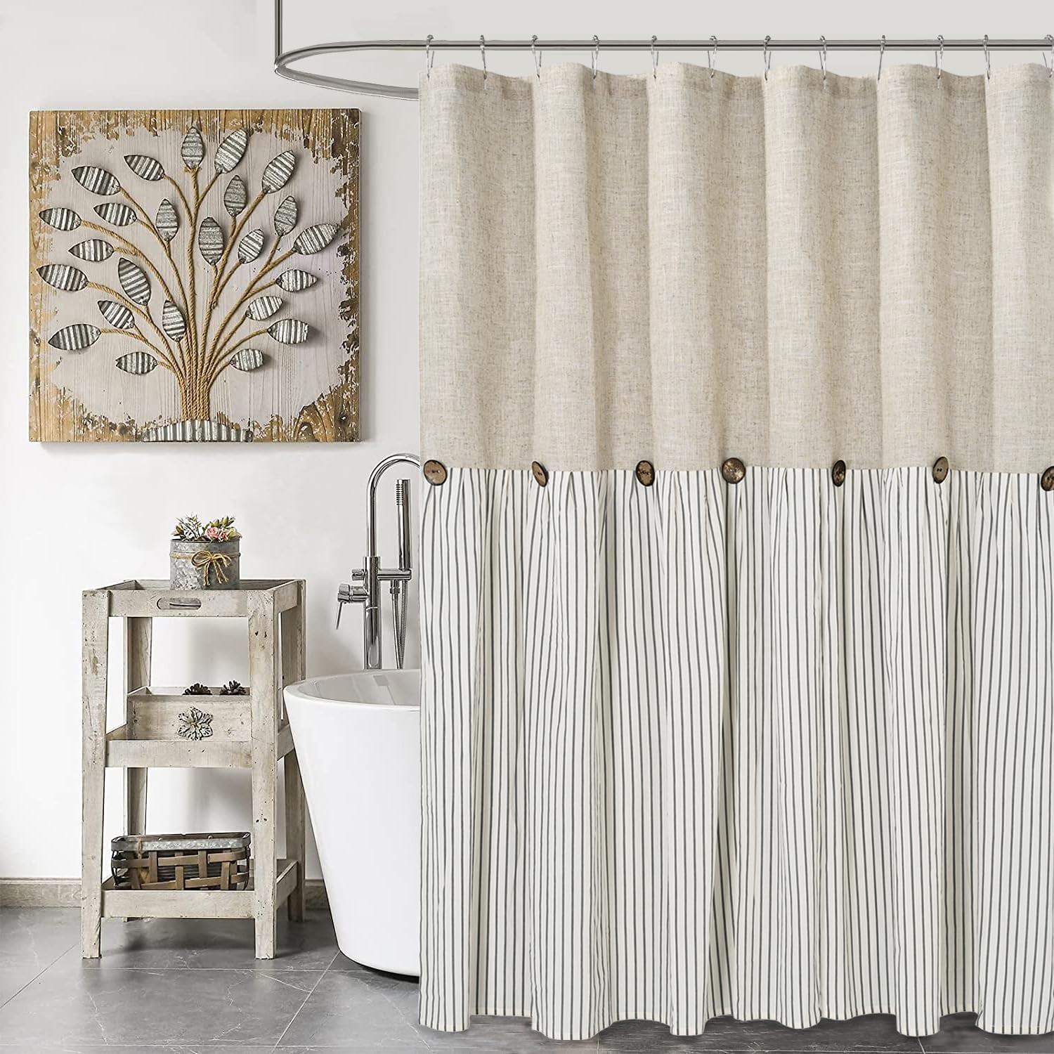 Farmhouse Shower Curtain,Beige and Gray Stripe,Button Curtain,Linen and ...