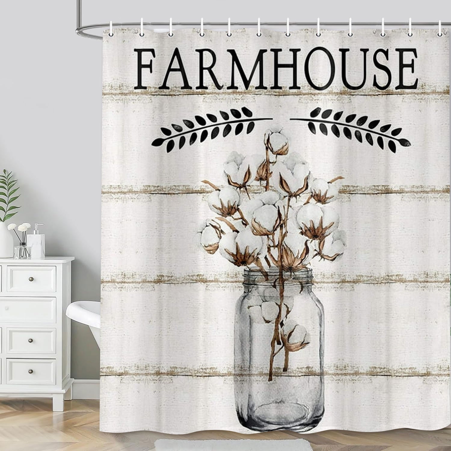 Farmhouse Shower Curtain Set, Rustic Wood, Cotton Flower, Peace Branch ...
