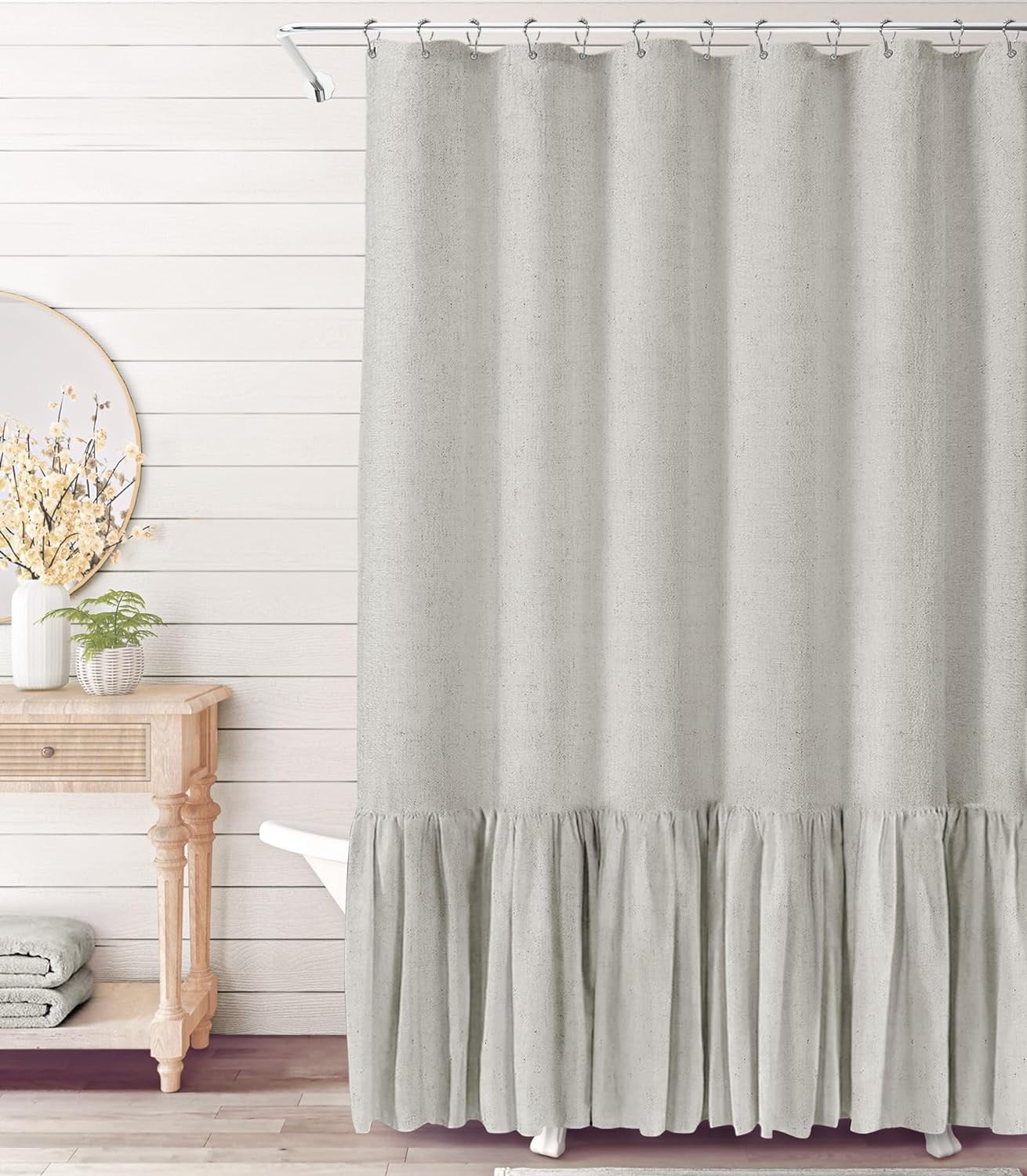 Farmhouse Modern Fabric Shower Curtain, Gray Ruffle Linen, Waterproof ...