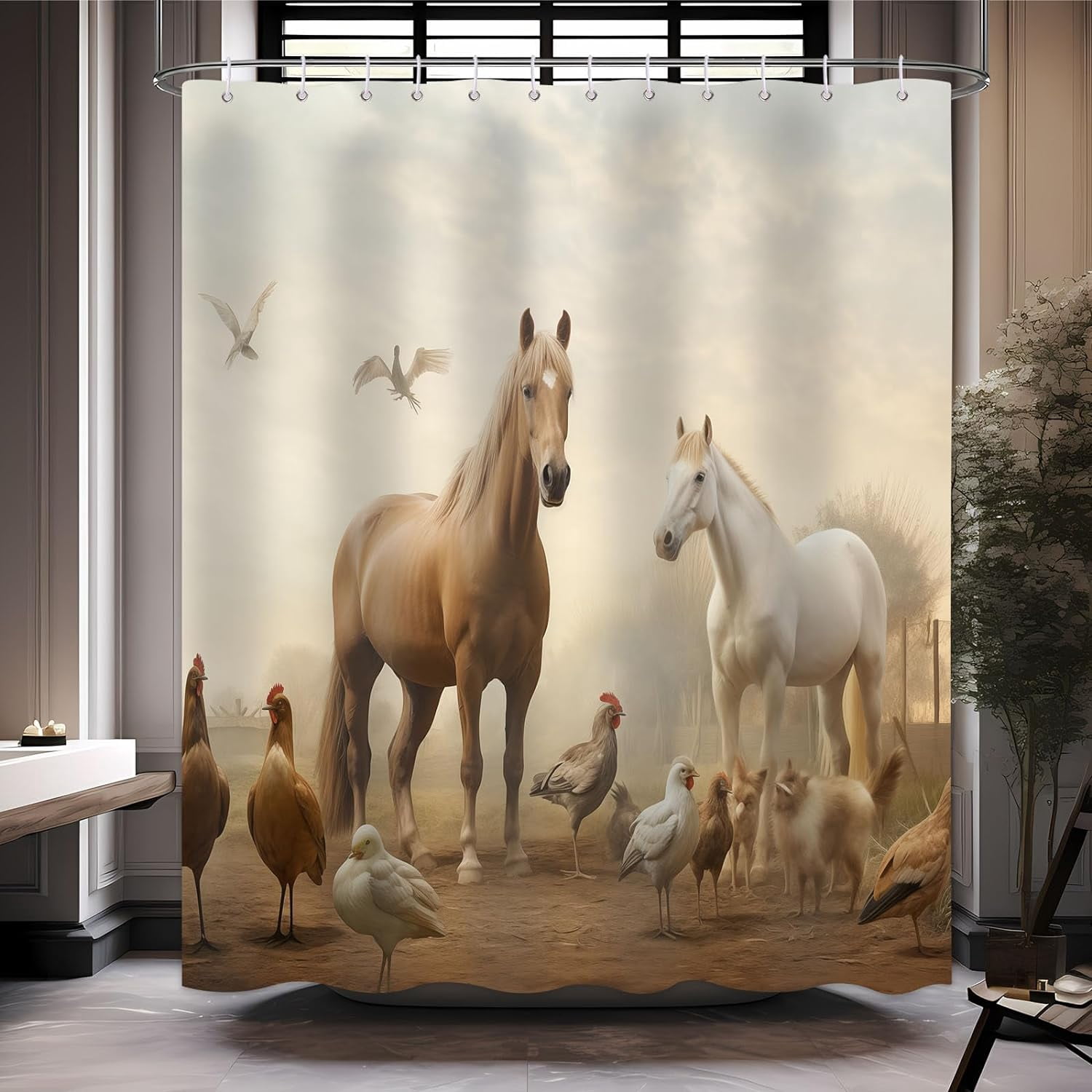 Farmhouse Shower Curtain,Horse Rural Style Western Farm Poultry Chicken ...