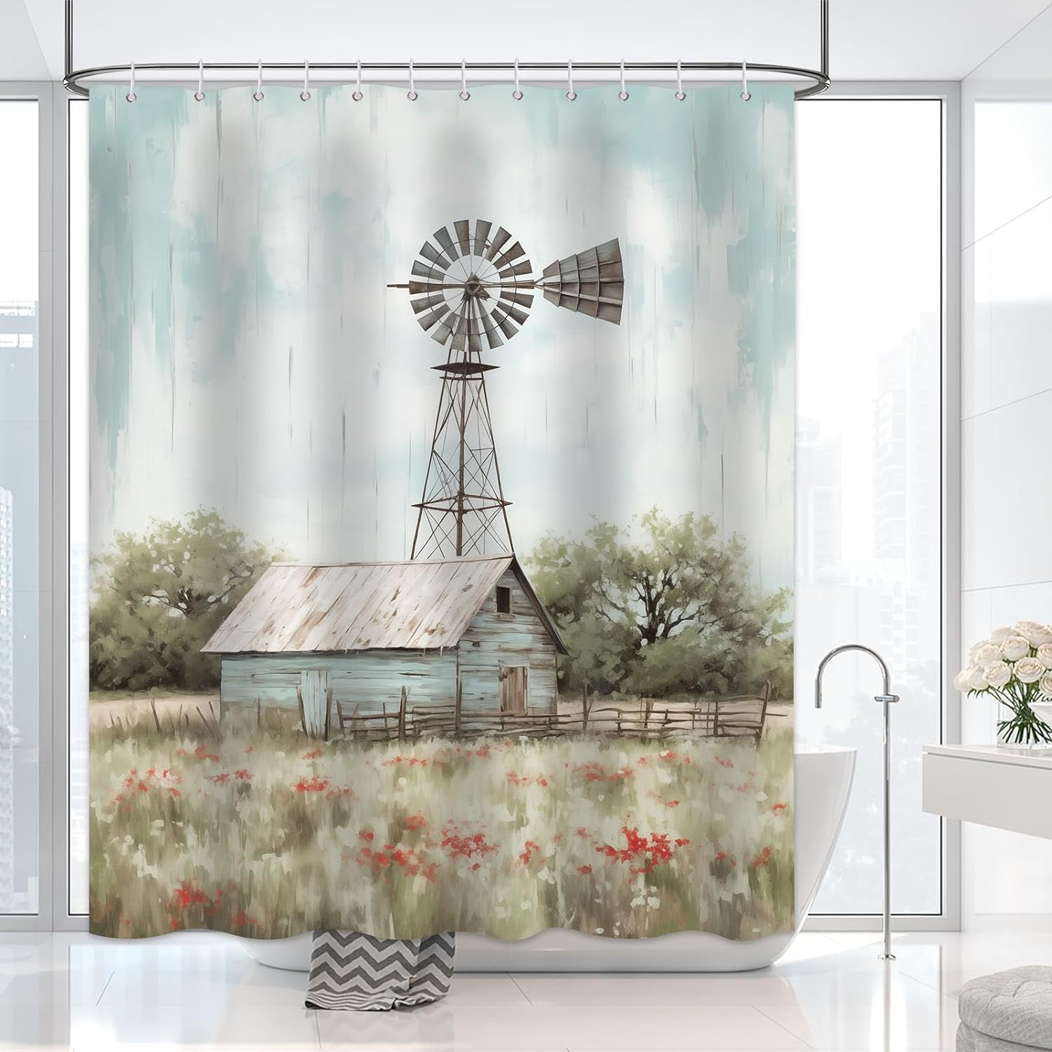 Farmhouse Shower Curtain, Rustic Shower Curtain, Retro Windmill Farm ...