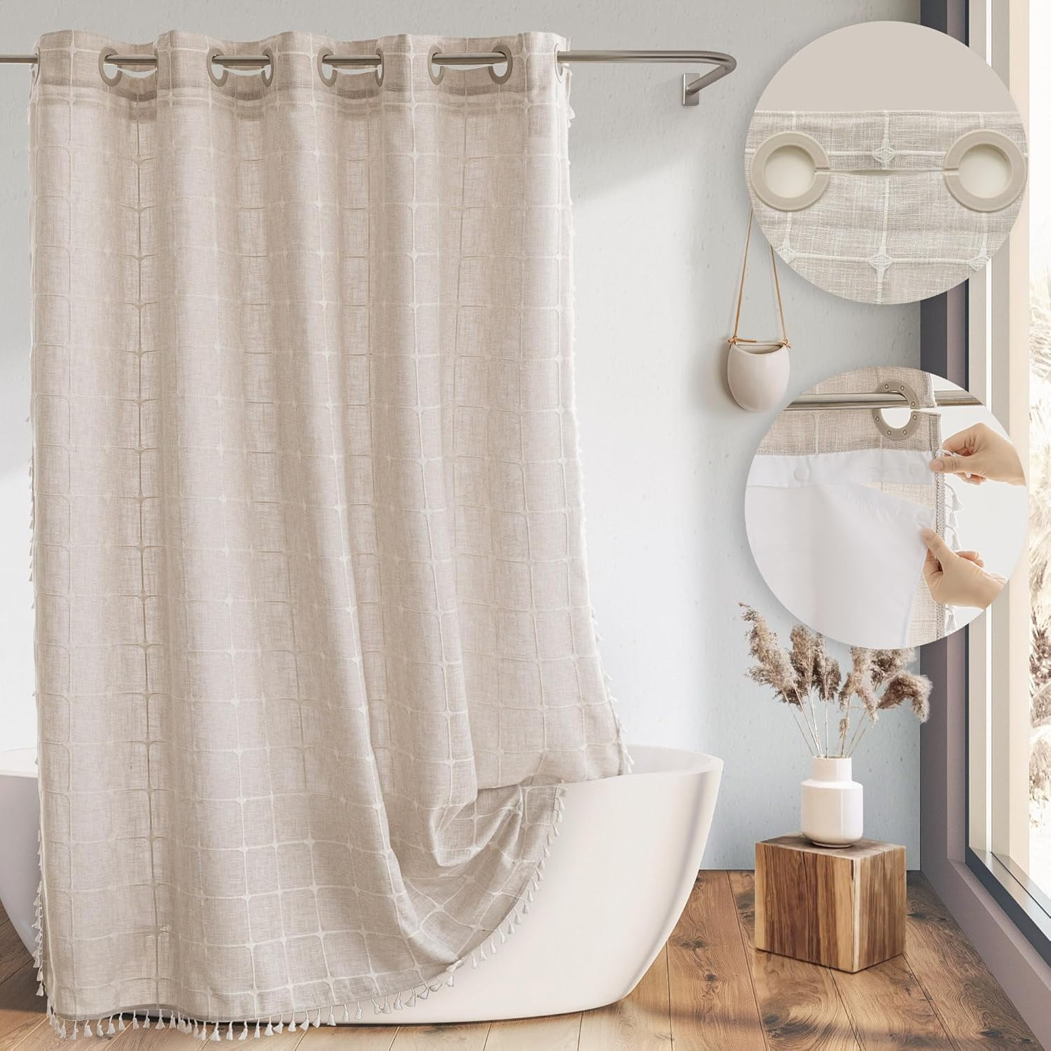 Farmhouse Shower Curtain with Snap-In Liner, Boho Geometric Design ...