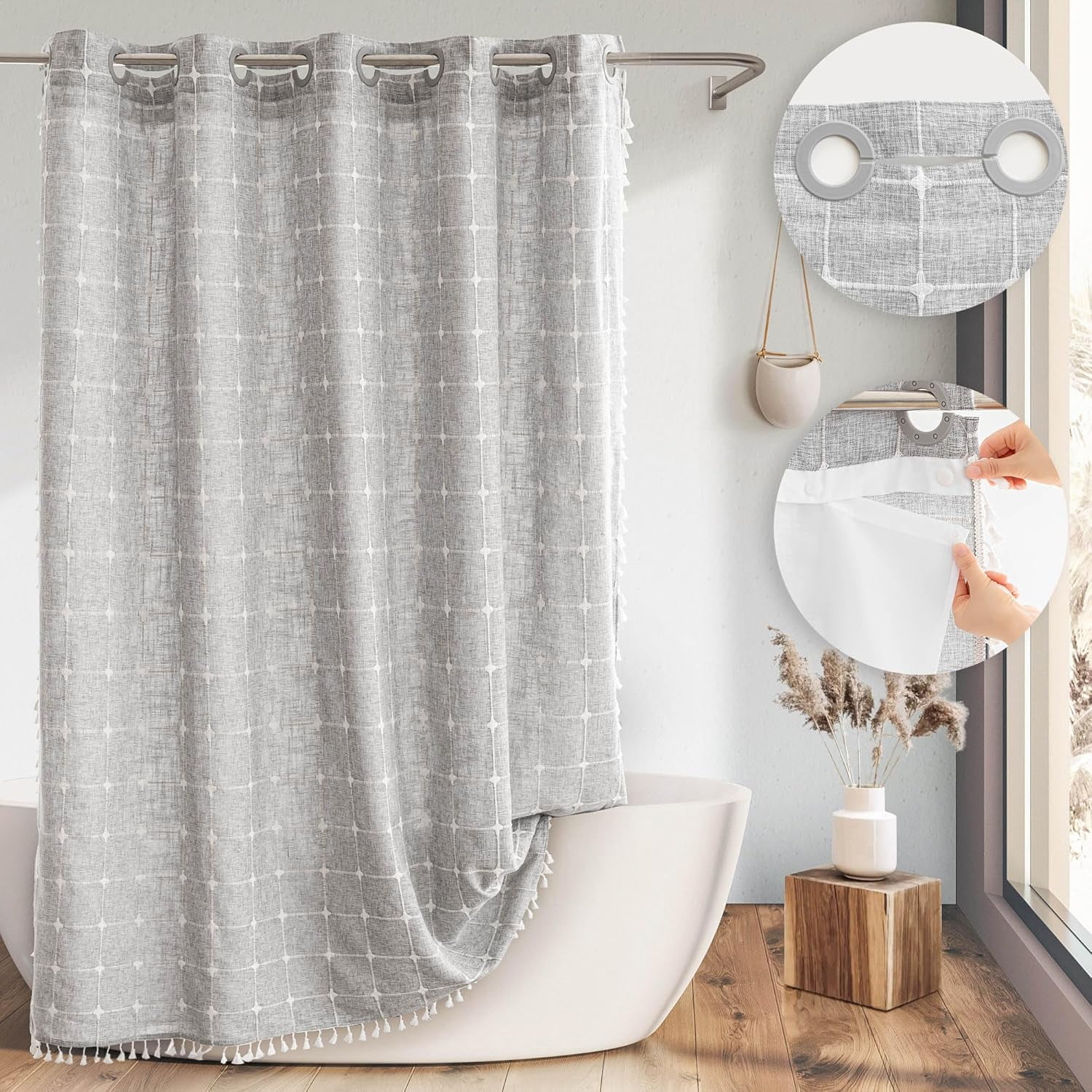 Farmhouse Shower Curtain with Snap-in Liner,No Hooks Needed,Boho Fabric ...