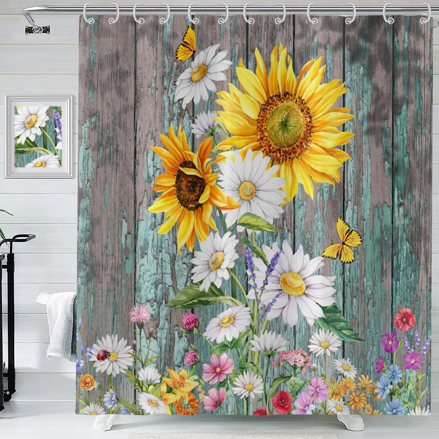 Farmhouse Shower Curtain, Spring Rustic Sunflower Daisy Wildflowers ...