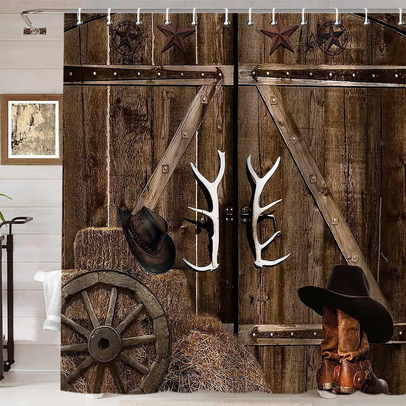 Farmhouse Shower Curtain, Western Texas Star Cowboy Hat Boot Wagon ...