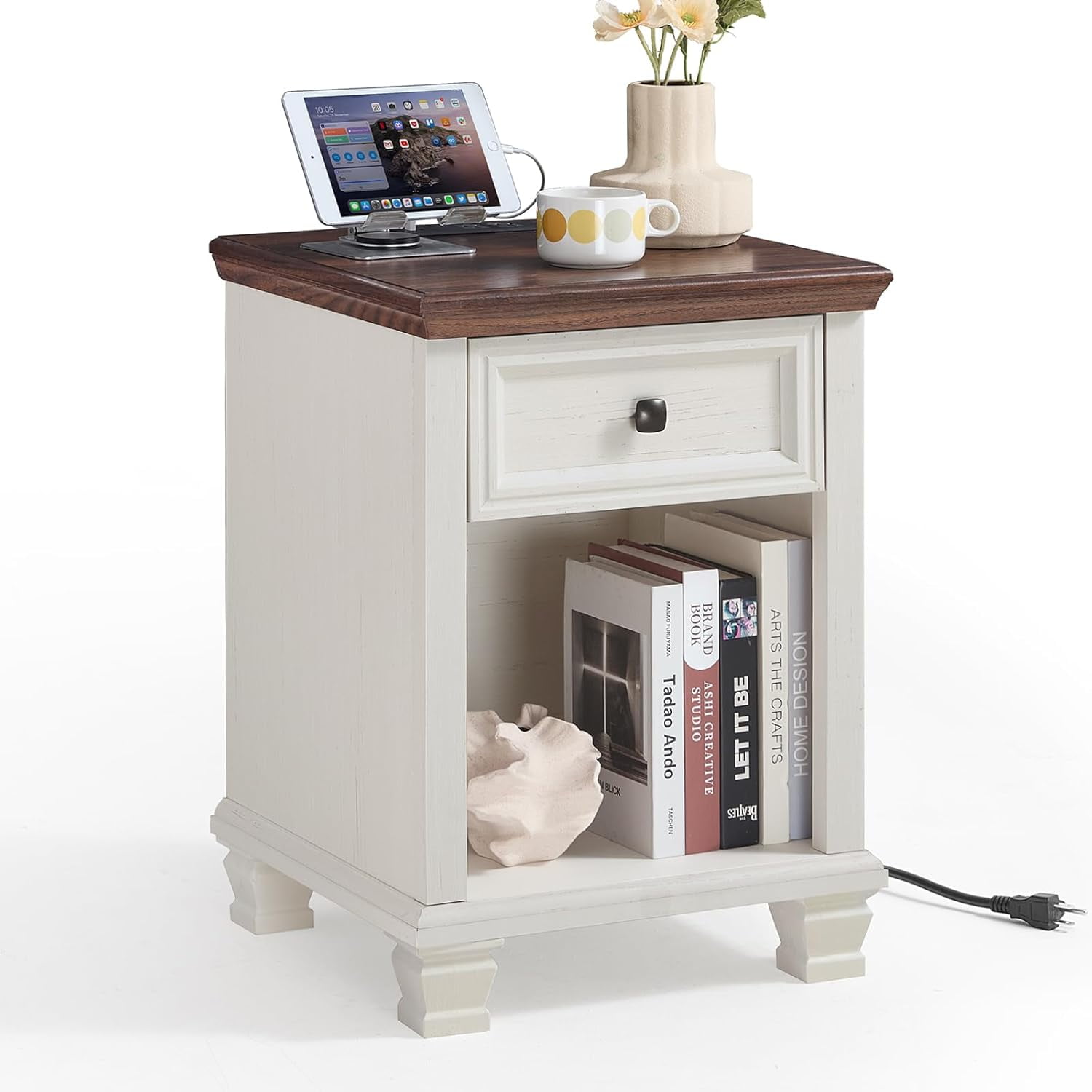Farmhouse Side Table with Charging Station, Rustic Wood End Table with ...