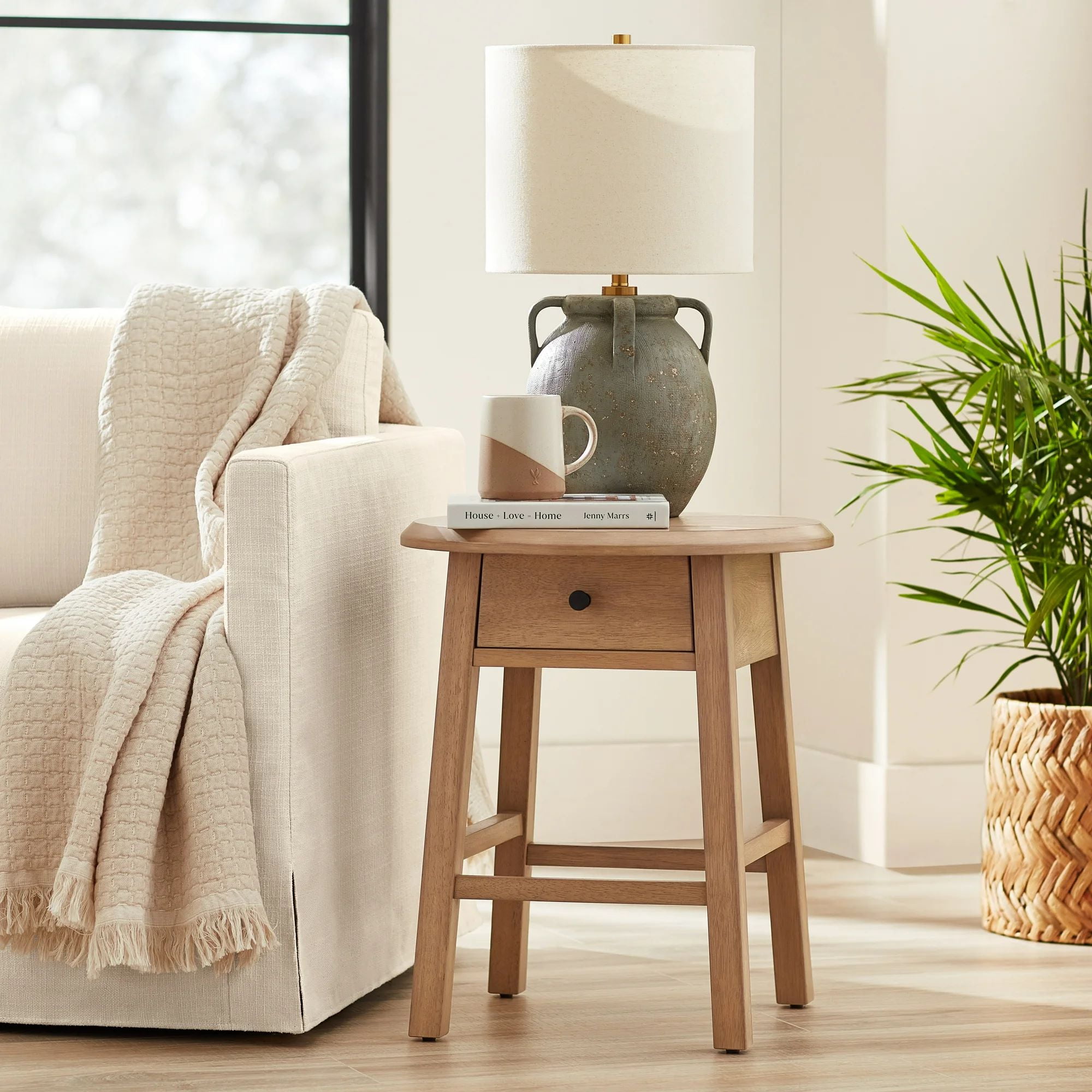 Farmhouse Side Table with Storage - 19" Natural Wood Accent Table ...