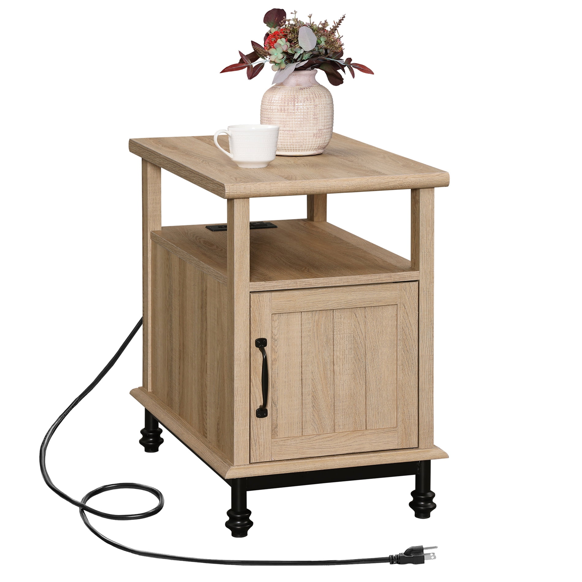 FITUEYES Farmhouse Side Table with Charging Station, Oak Night Stand ...