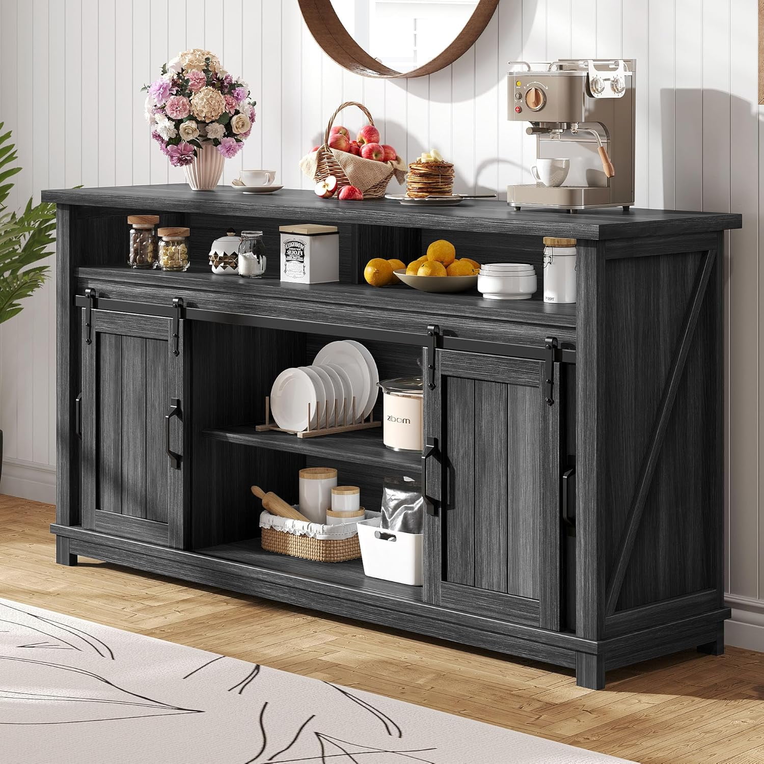 Farmhouse Sideboard Buffet Cabinet Coffee Bar Cabinet with 2 Sliding ...