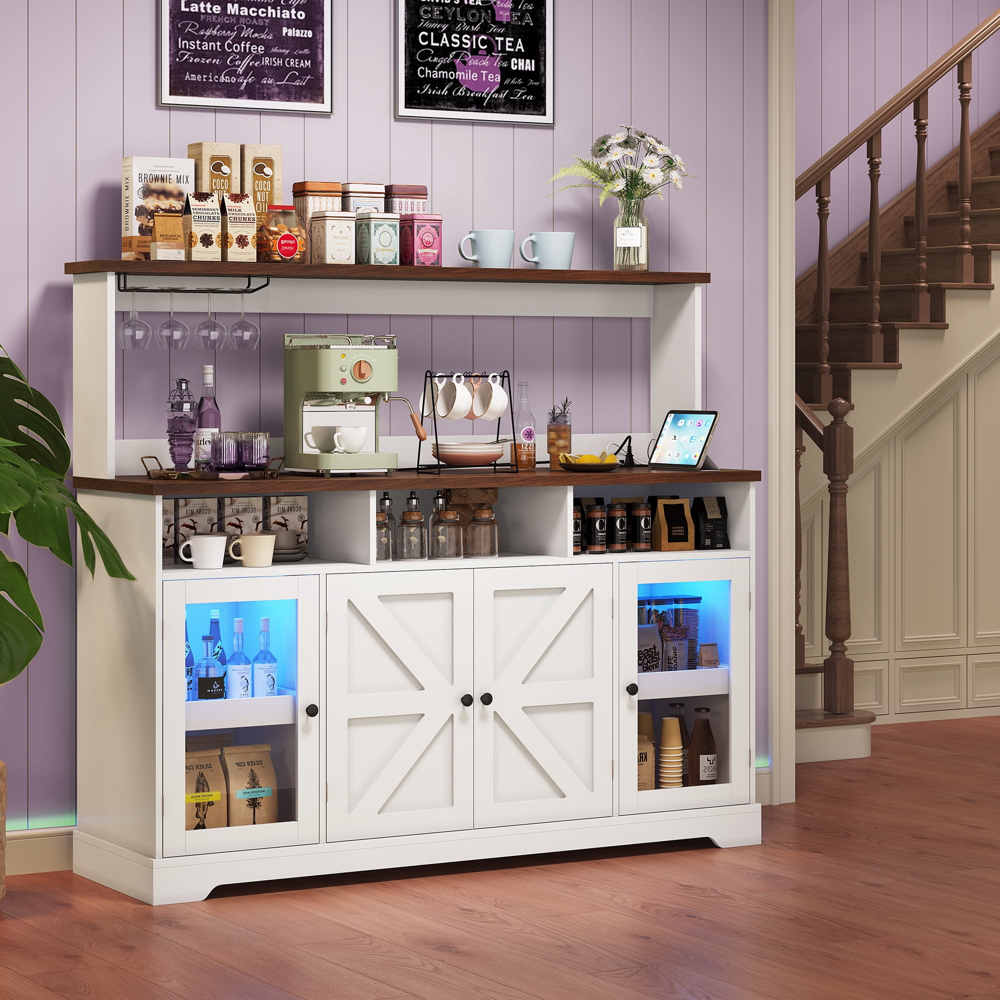 Farmhouse Sideboard Buffet Cabinet with RGB LED Light and Charging ...