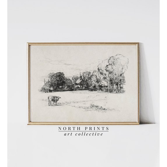 Farmhouse Sketch Art Print: Rustic Country Landscape (Printable) Sk-280 ...