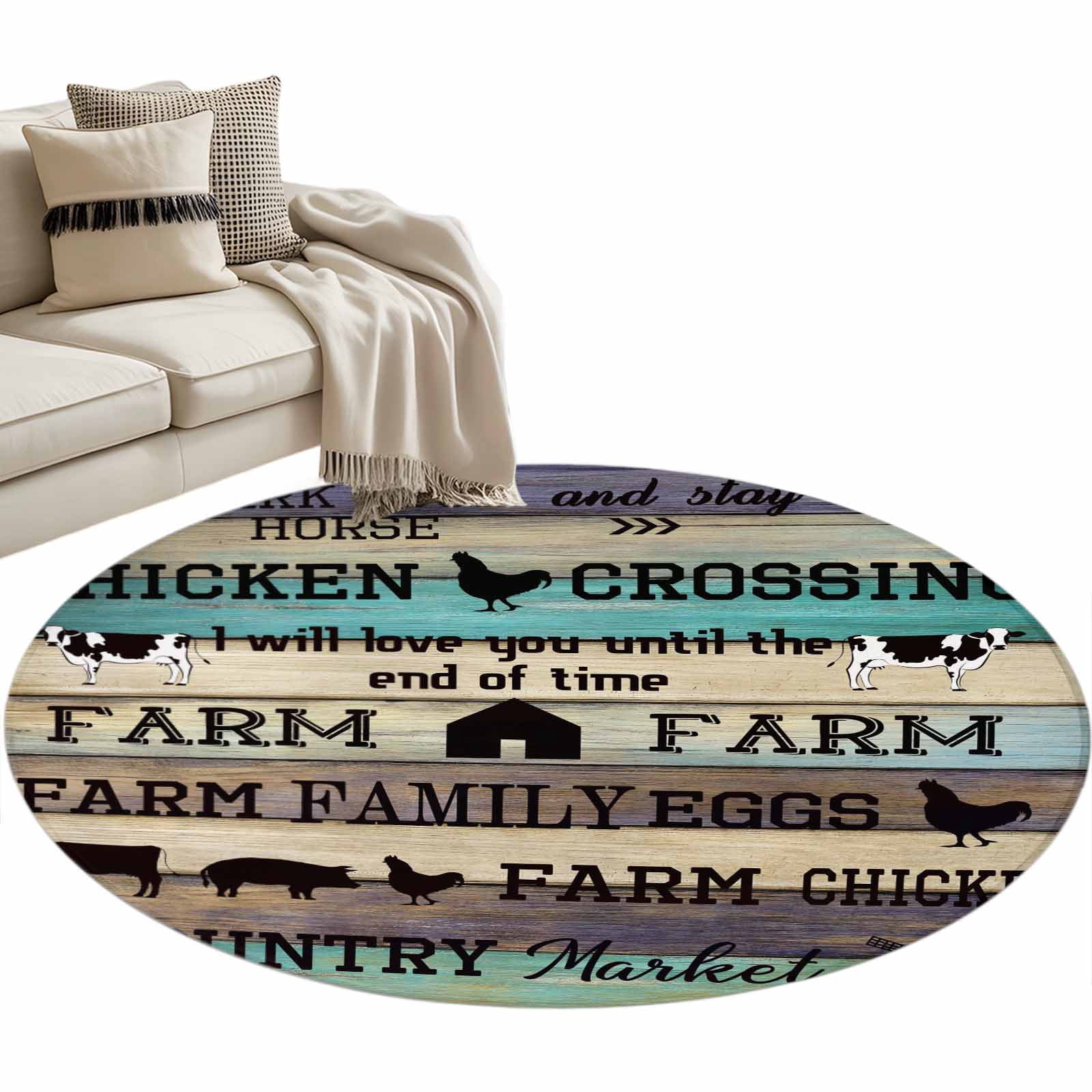 Farmhouse Small Round Rug 3Ft Barn Cow Pig Chicken Brown Teal Ombre ...