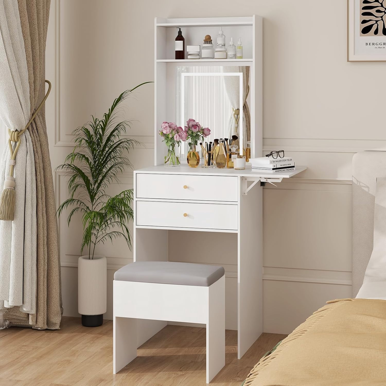 Farmhouse Small Vanity Desk Set with Mirror Cabinet Compact Makeup ...