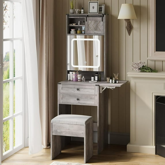 Farmhouse Small Vanity Desk Set with Mirror Cabinet Compact Makeup ...