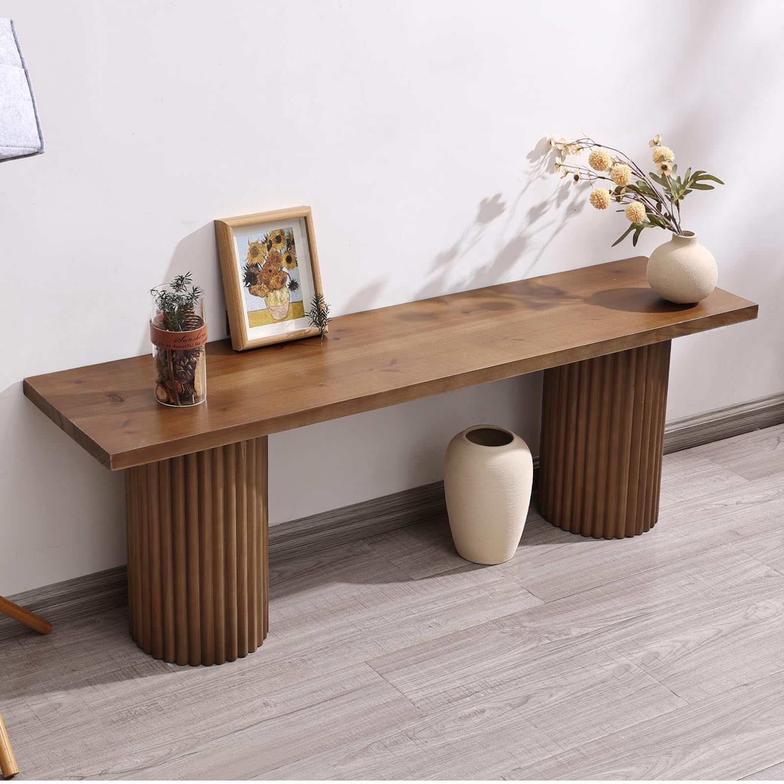 Farmhouse Solid Wood Bench, 51" Fluted Design Entryway Seat for Dining ...