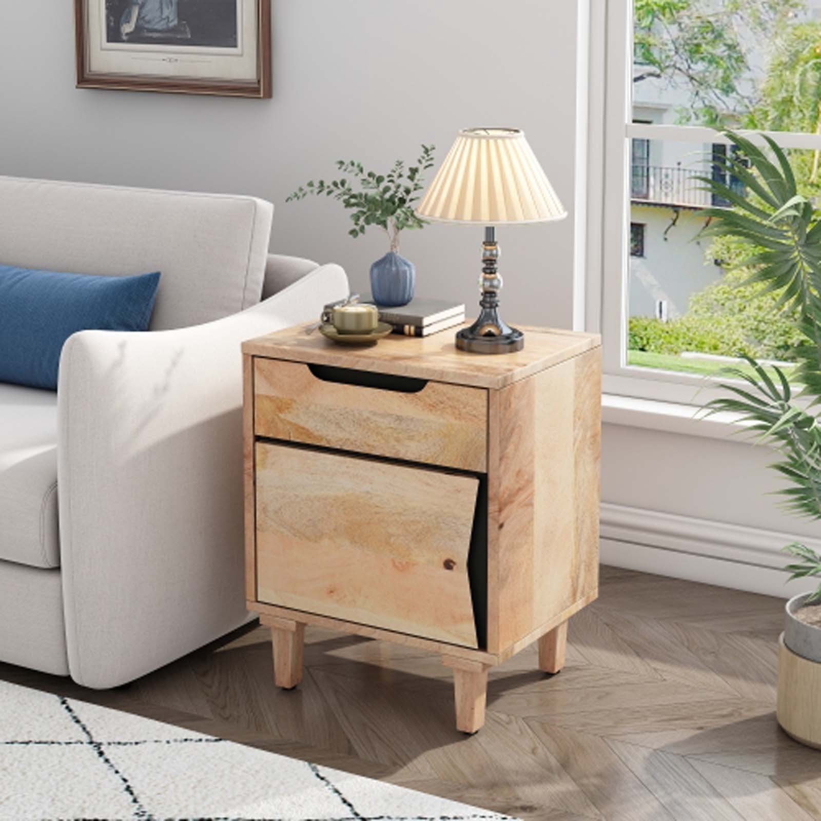 Farmhouse Solid Wood Nightstand with Storage, Modern Bedside Table ...