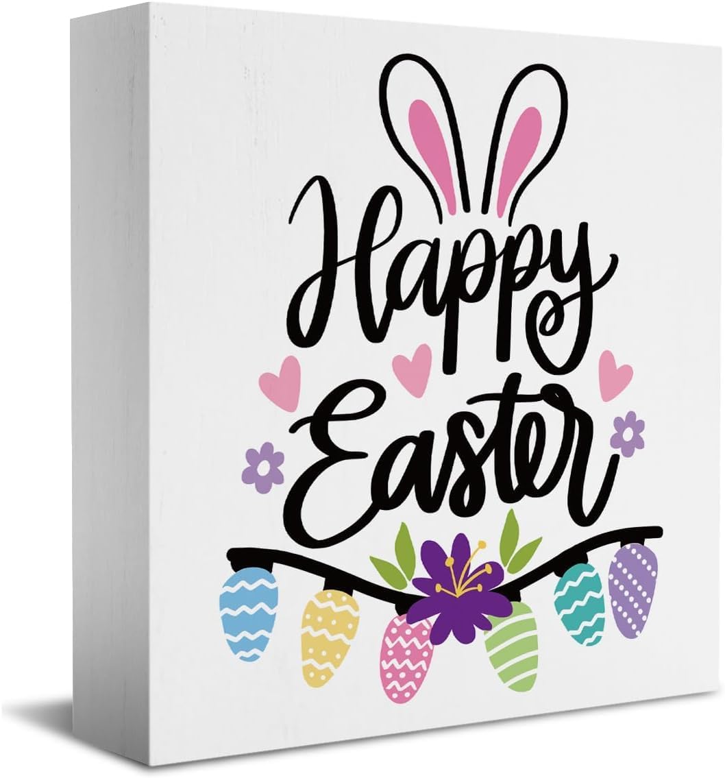 Farmhouse Spring Easter Bunny Wooden Box Sign Easter Egg Floral Desk ...