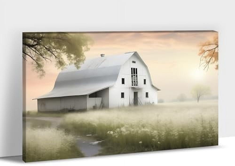 Farmhouse Spring Wall Art, White Barn and Flowers Botanical Pictures ...