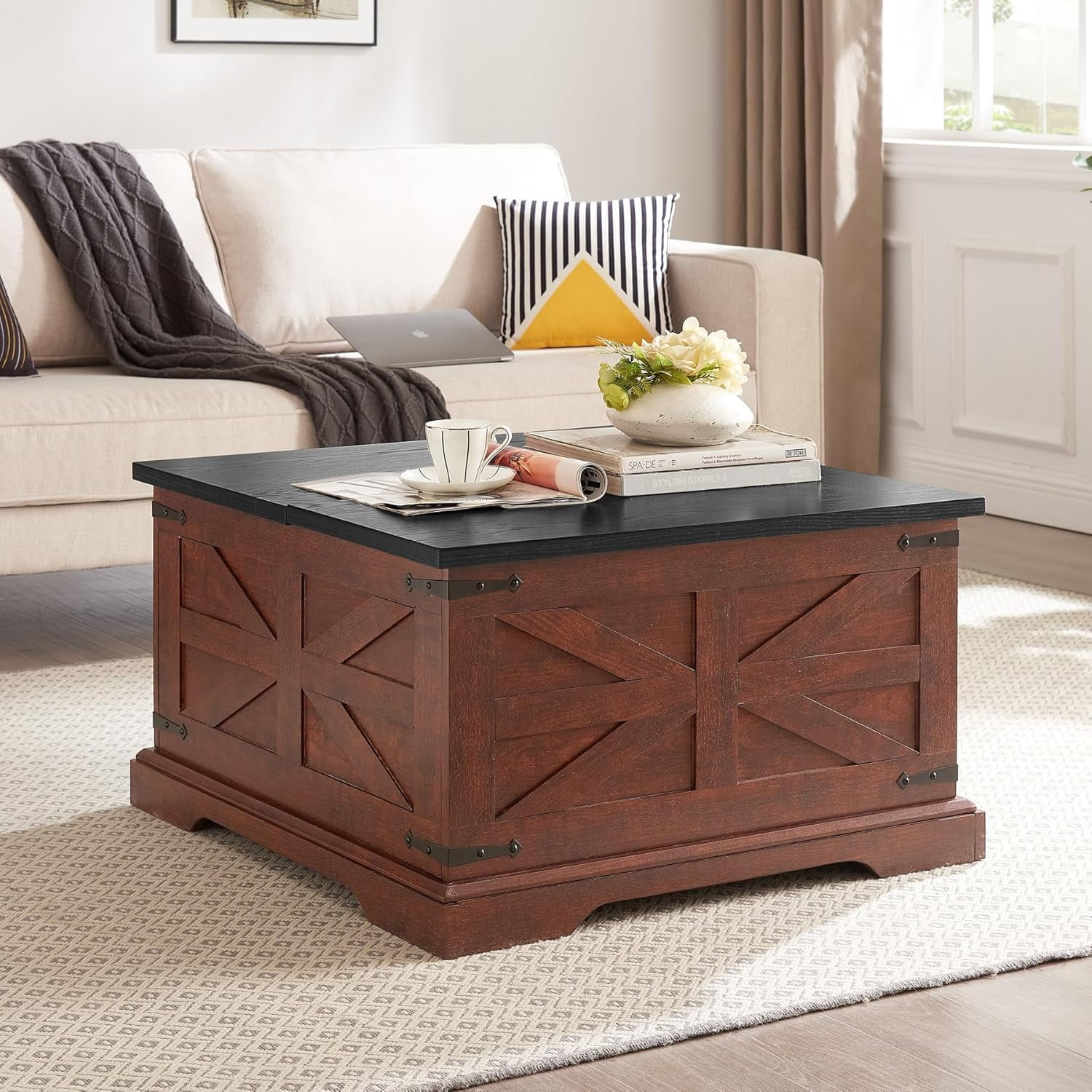 Farmhouse Square Coffee Table Rustic Wood Center Table with Hinged Lift ...