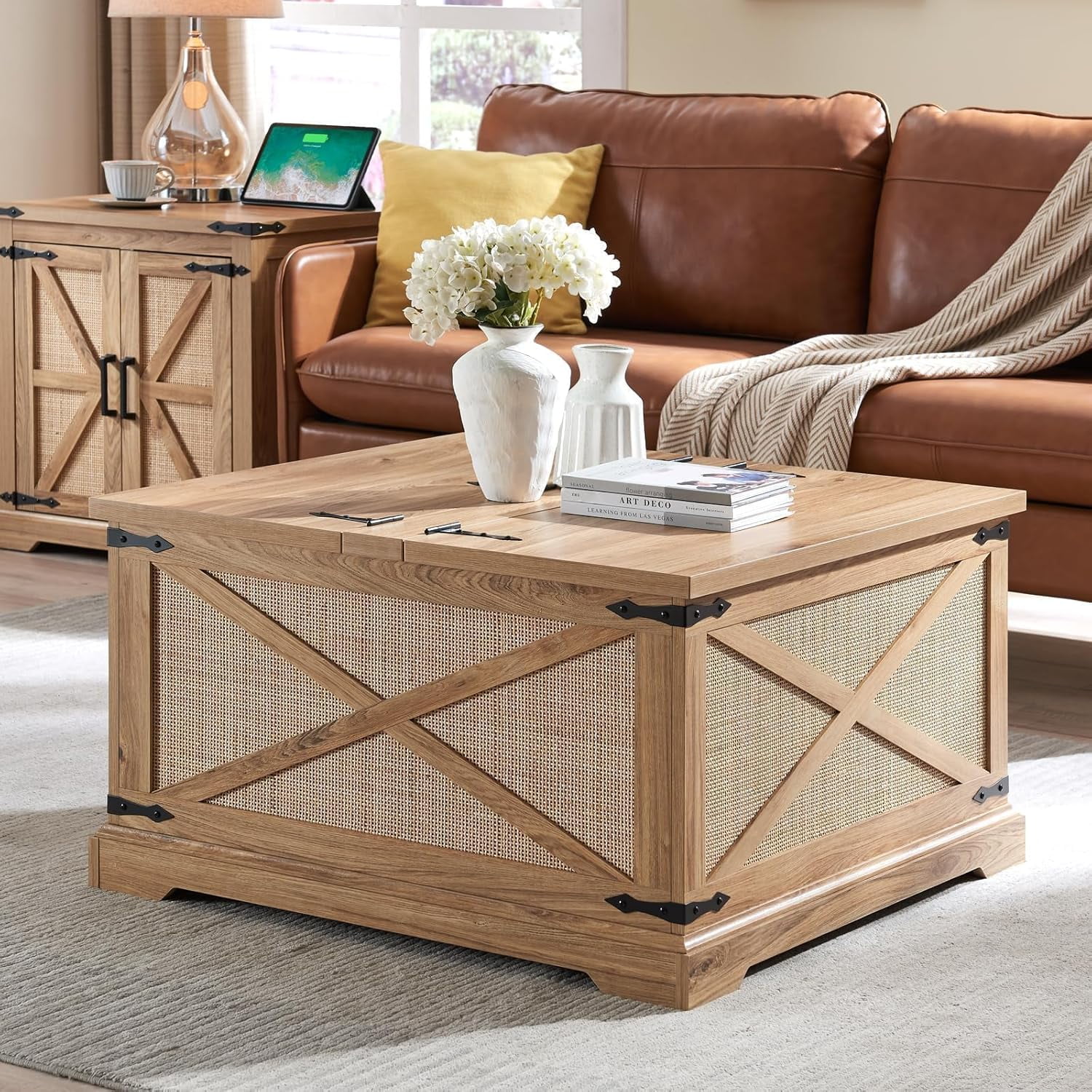 Farmhouse Square Coffee Table with Storage, Wood Center Table with ...