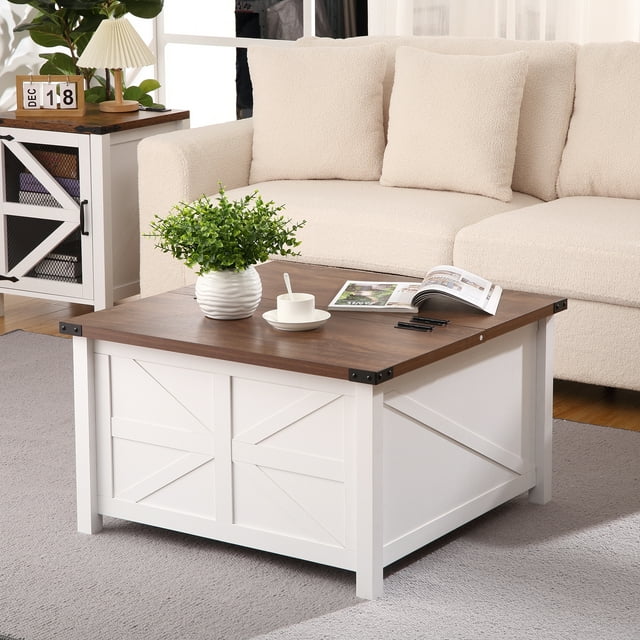 Farmhouse Square Coffee Table, Wood Center Table with Large Hidden ...