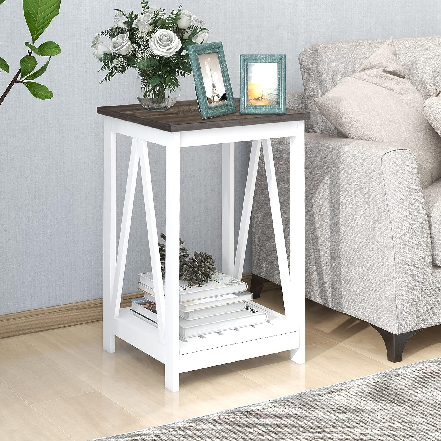 Farmhouse Square End Table, Accent Side Table with Slats Design, Sofa ...
