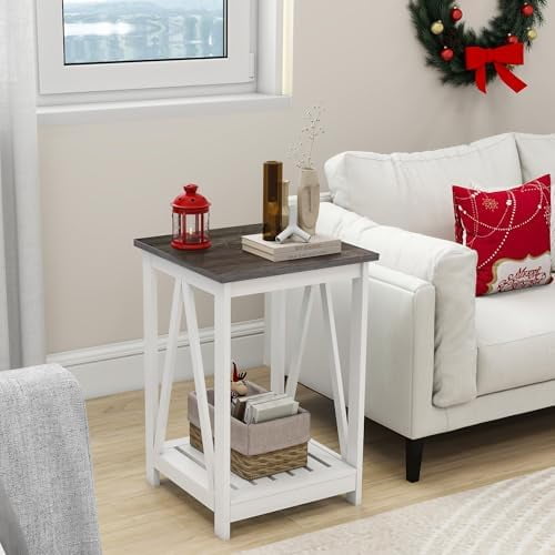 Farmhouse Square End Table, Accent Side Table with Slats Design, Sofa ...