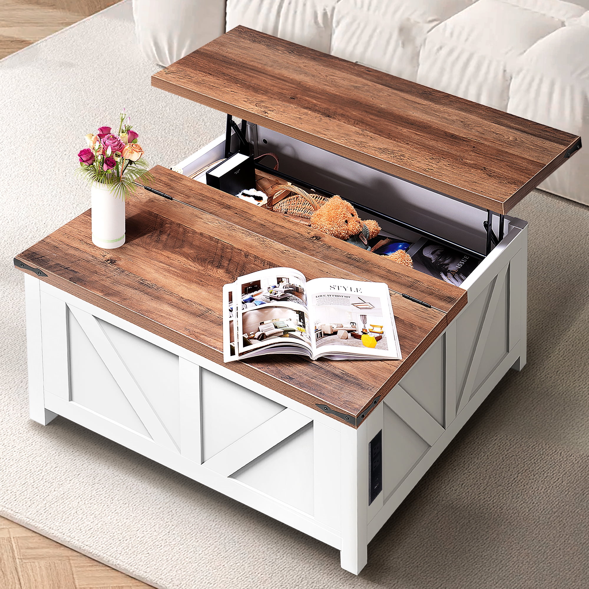 Farmhouse Square Storage Coffee Table with Hinged Lift Top for Living ...