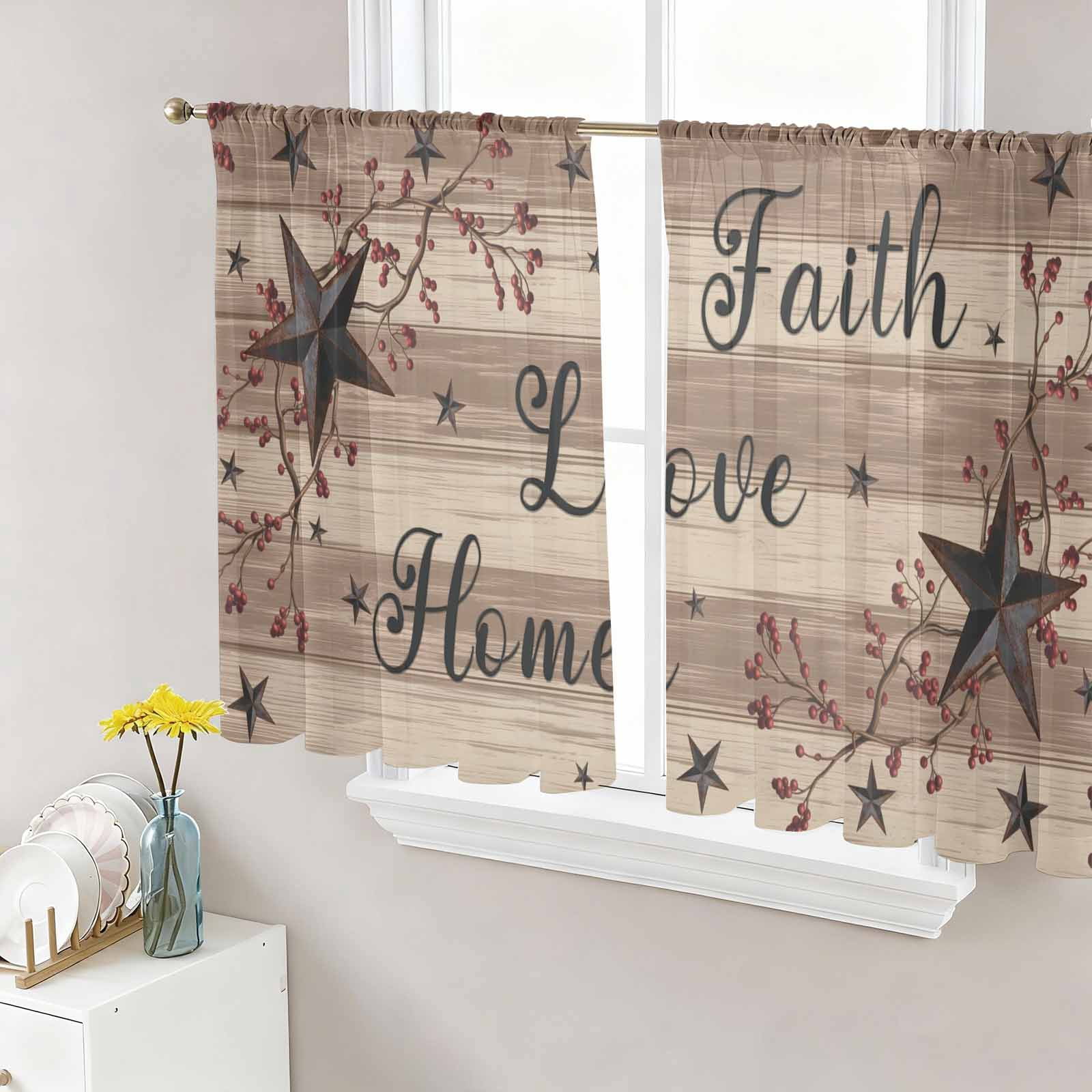Farmhouse Star Brown Sheer Curtains 54 Inch Length 2 Panels Set, Retro ...