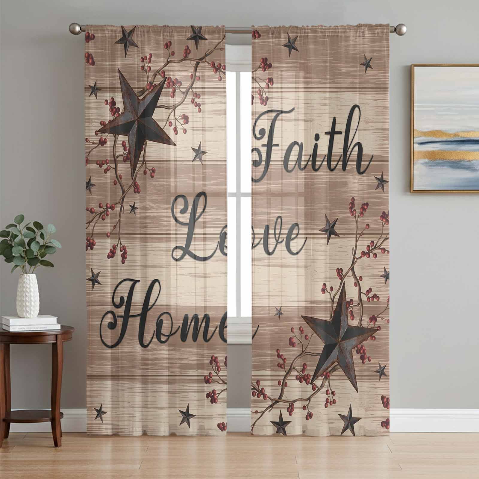 Farmhouse Star Brown Sheer Curtains 63 Inch Length 2 Panels Set, Retro ...