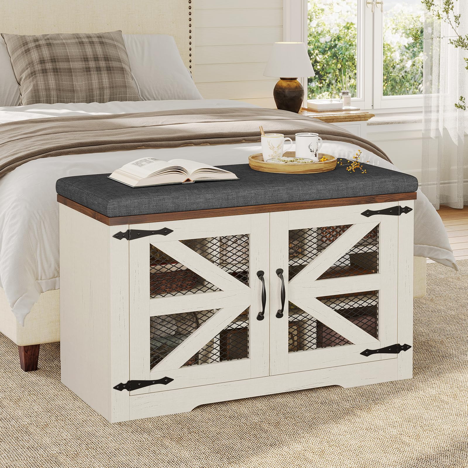 Farmhouse Storage Bench with Cushion, 31.4in Shoe Cabinet with Metal ...