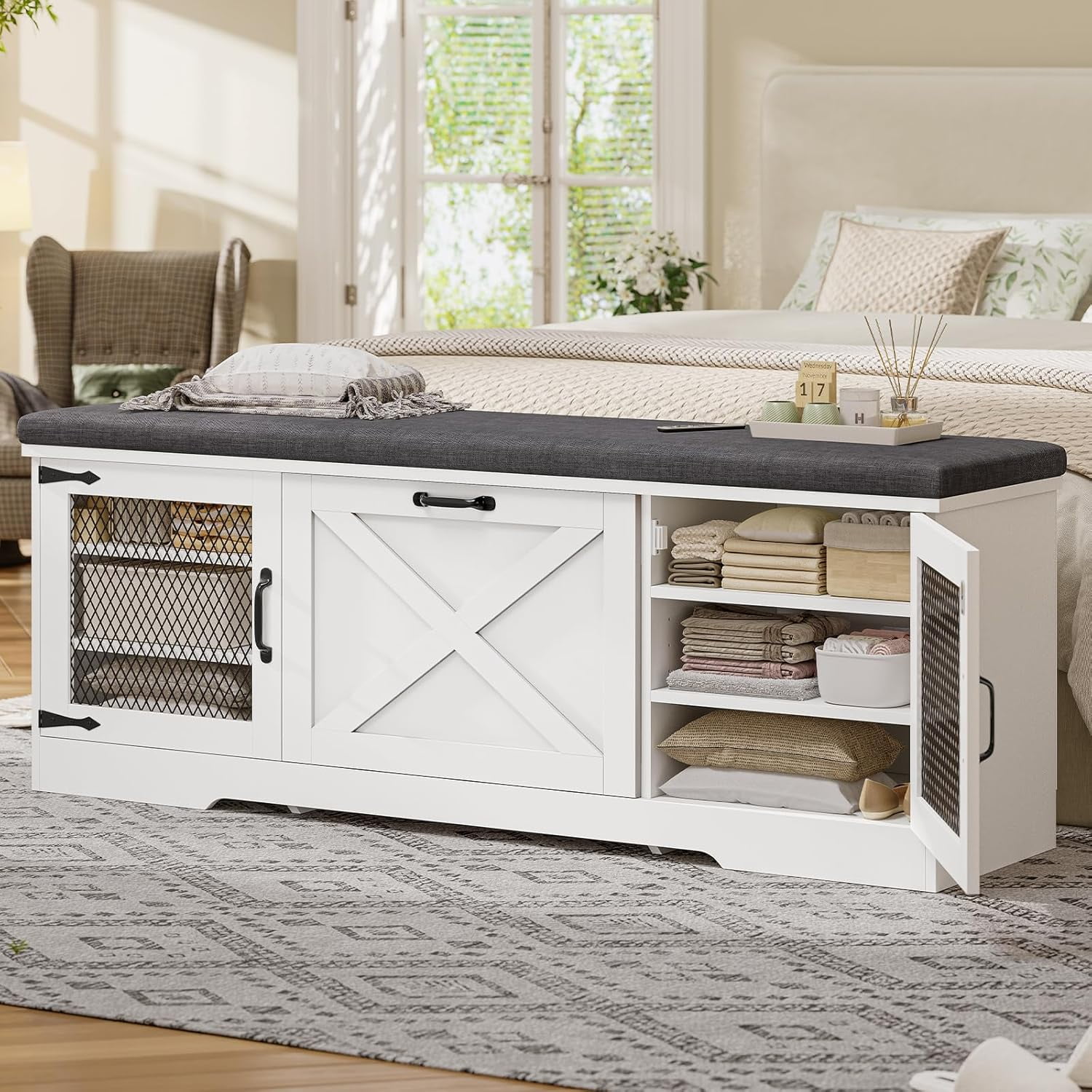 Farmhouse Storage Bench with Cushion, 57in Shoe Cabinet with Metal Barn ...