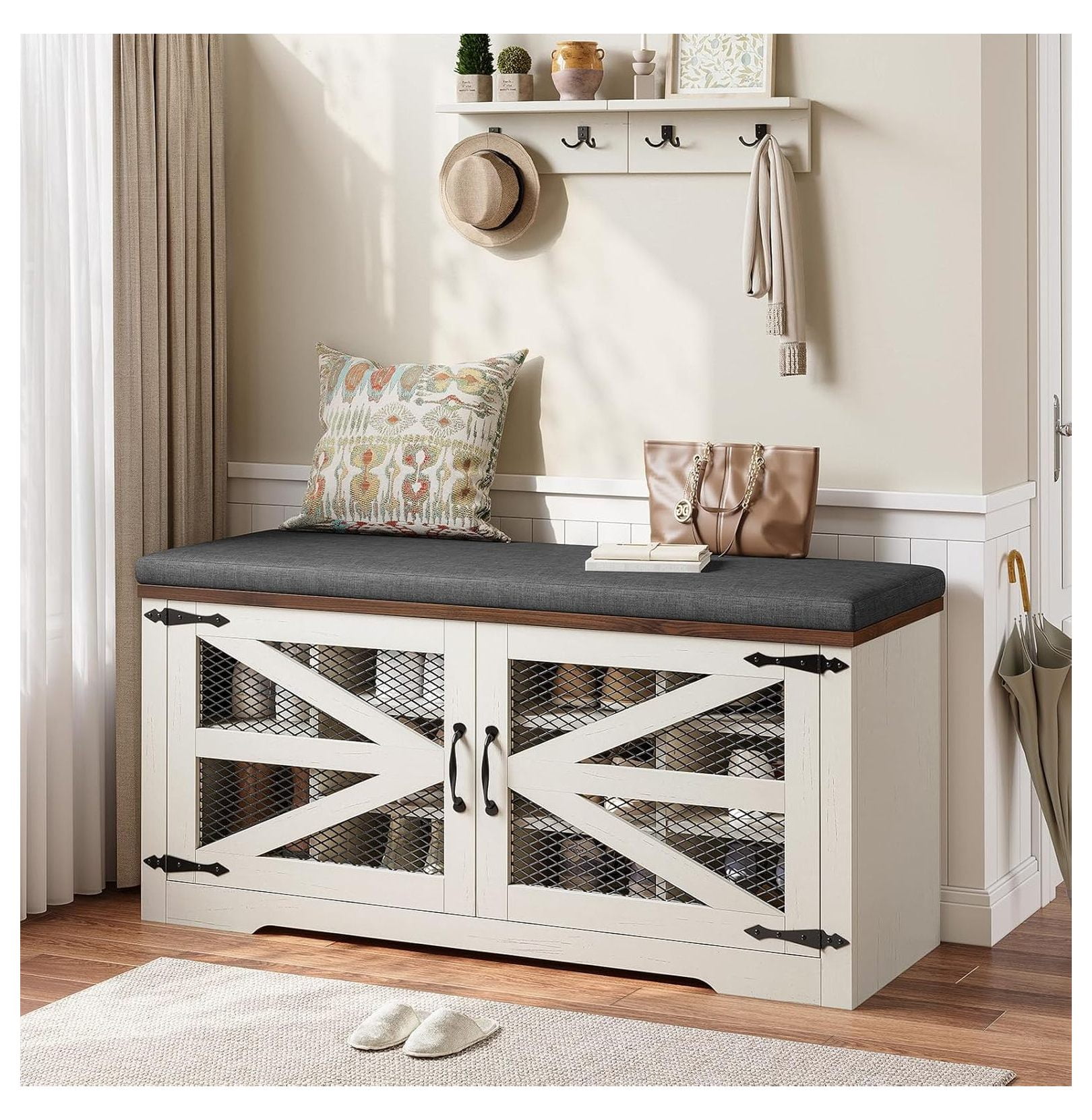 Farmhouse Storage Bench with Cushion, Metal and Wood Shoe Rack ...