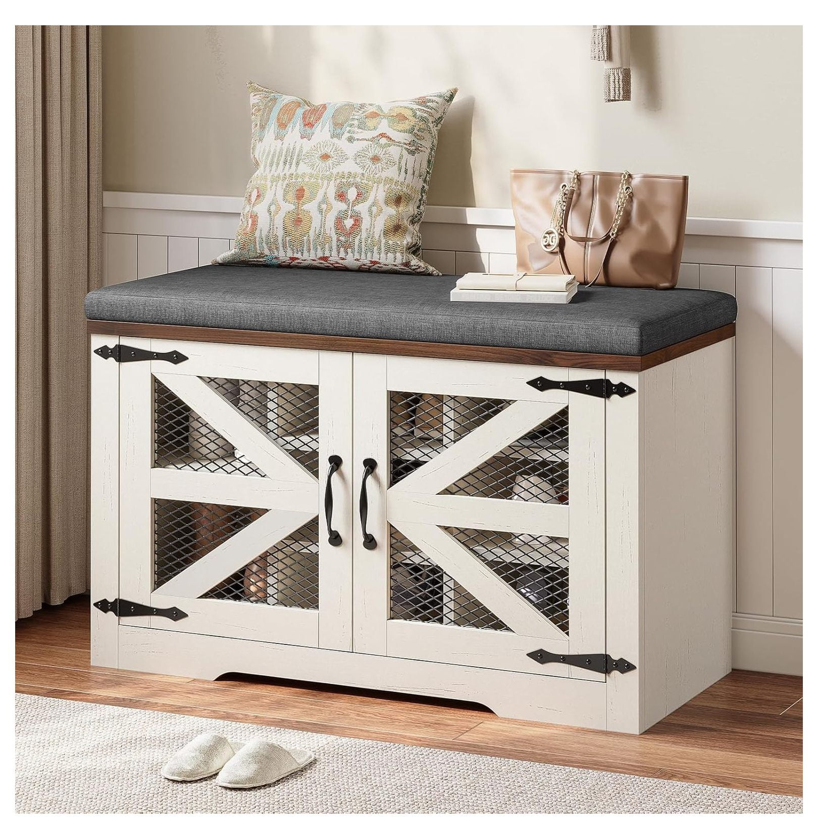 Farmhouse Storage Bench with Cushion, Metal and Wood Shoe Rack ...