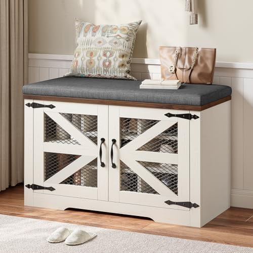 Farmhouse Storage Bench with Cushion, Metal and Wood Shoe Rack ...