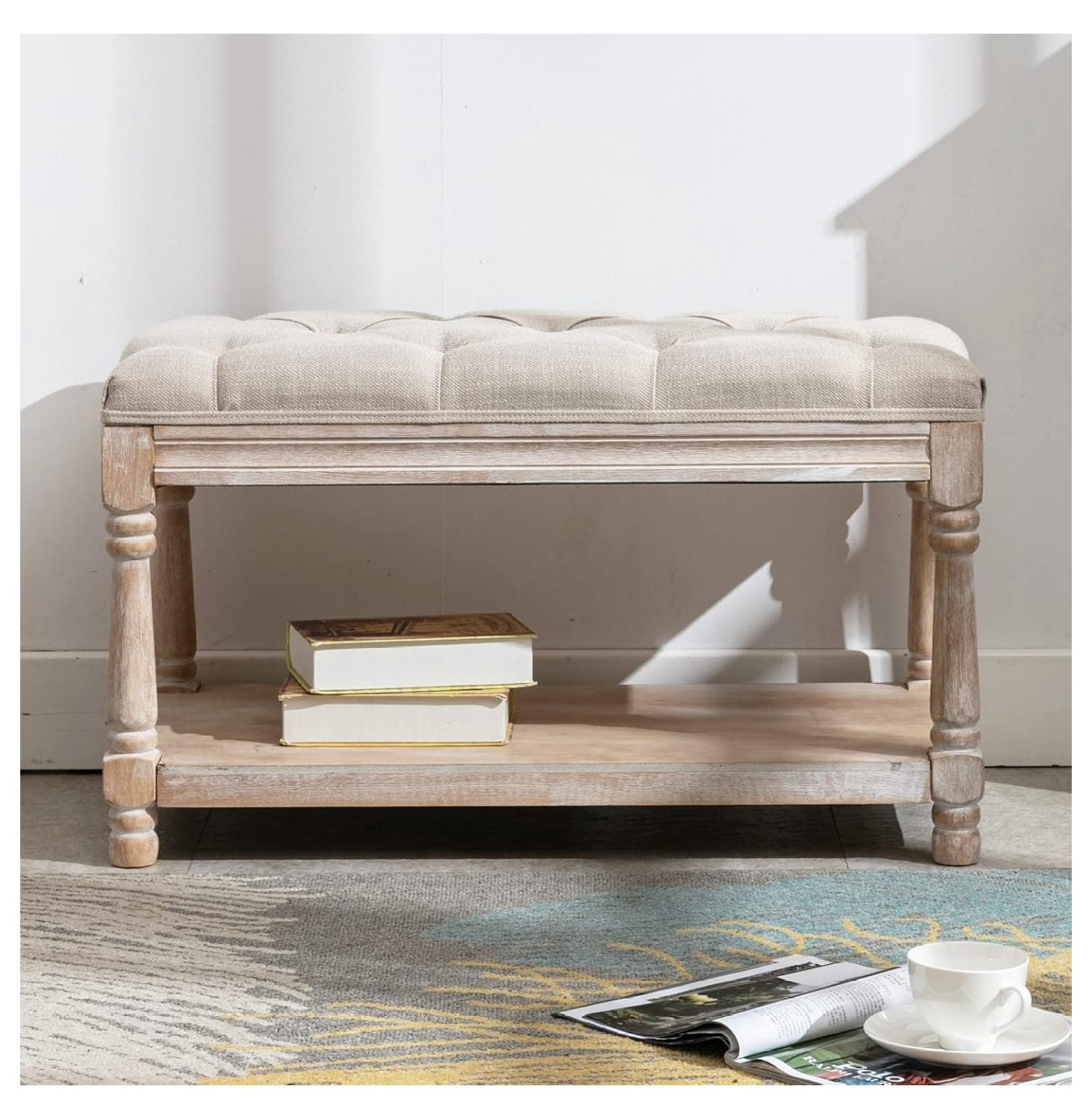 Farmhouse Storage Bench Wooden Entryway Linen Upholstered Ottoman ...