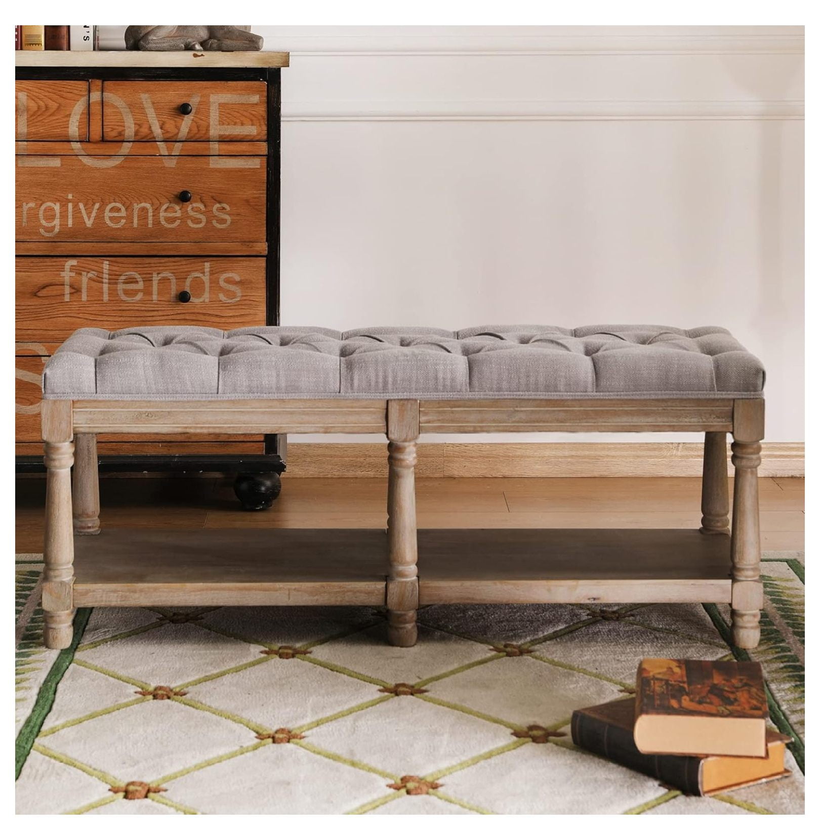 Farmhouse Storage Bench Wooden Entryway Upholstered Tufted Ottoman ...