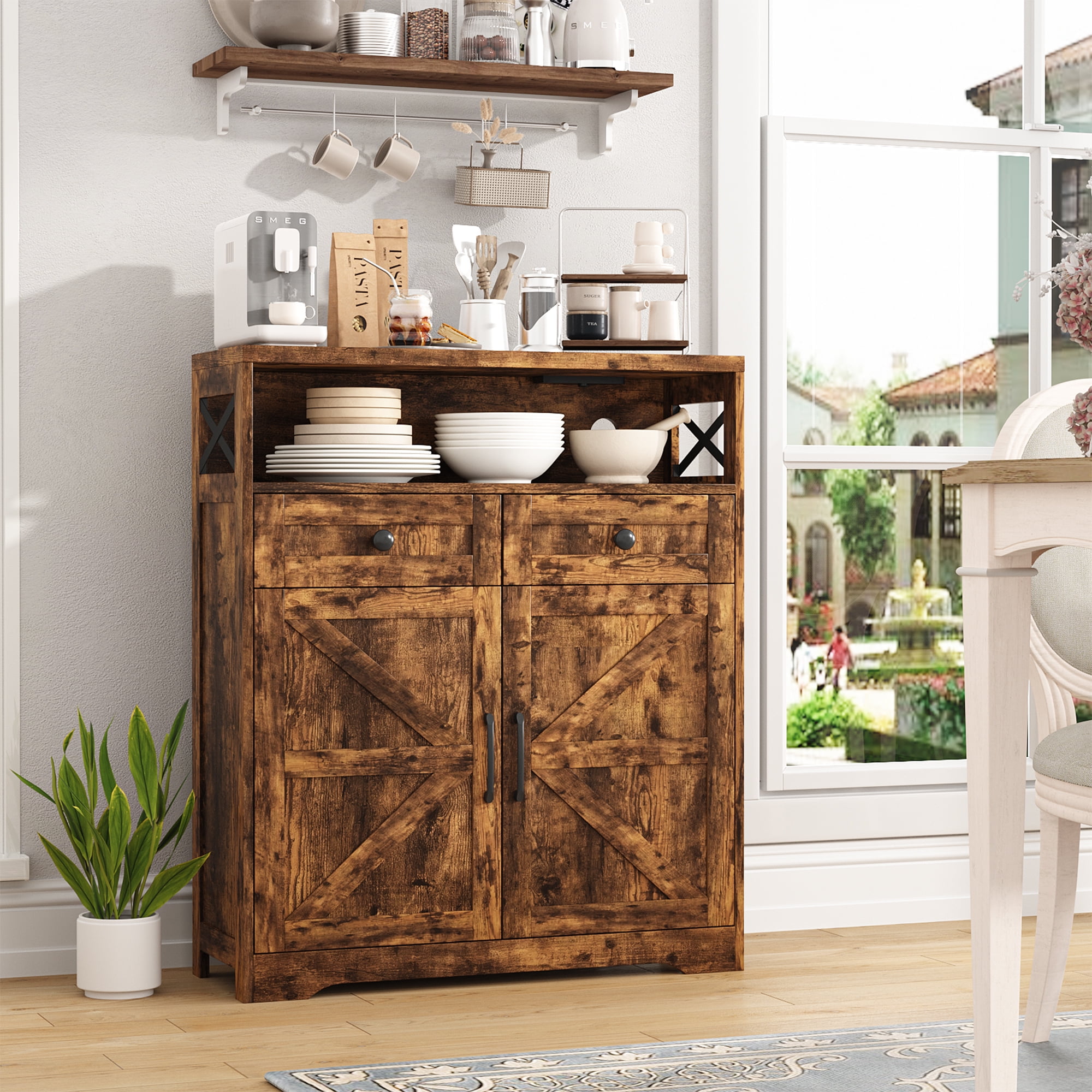 Farmhouse Storage Cabinet with Charge Station & Open Shelf,Coffee Bar ...