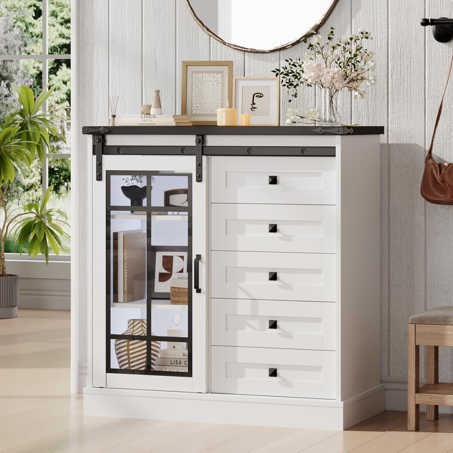 Farmhouse Storage Cabinet with Door and Shelves, Freestanding Bathroom ...