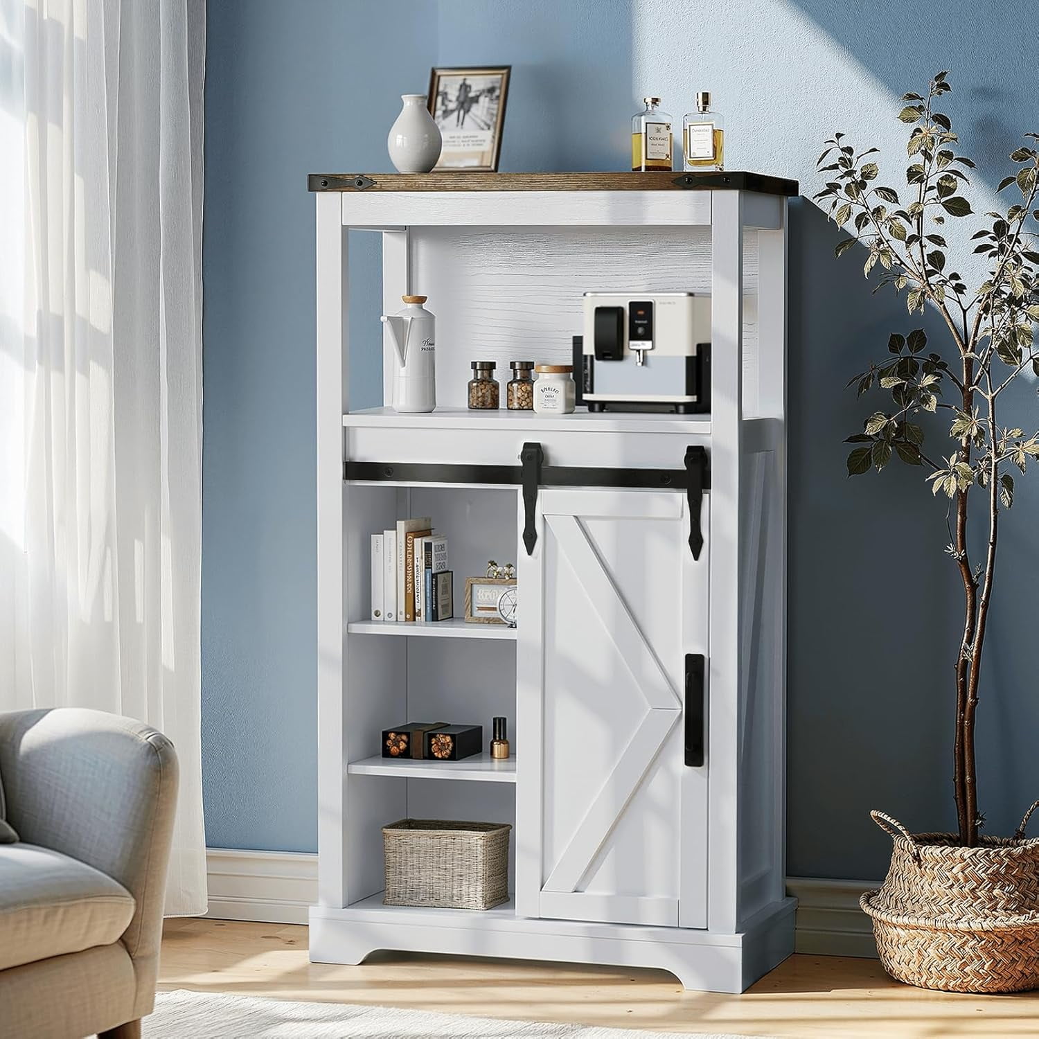 Farmhouse Storage Cabinet, White Small Hutch with Door, Freestanding ...