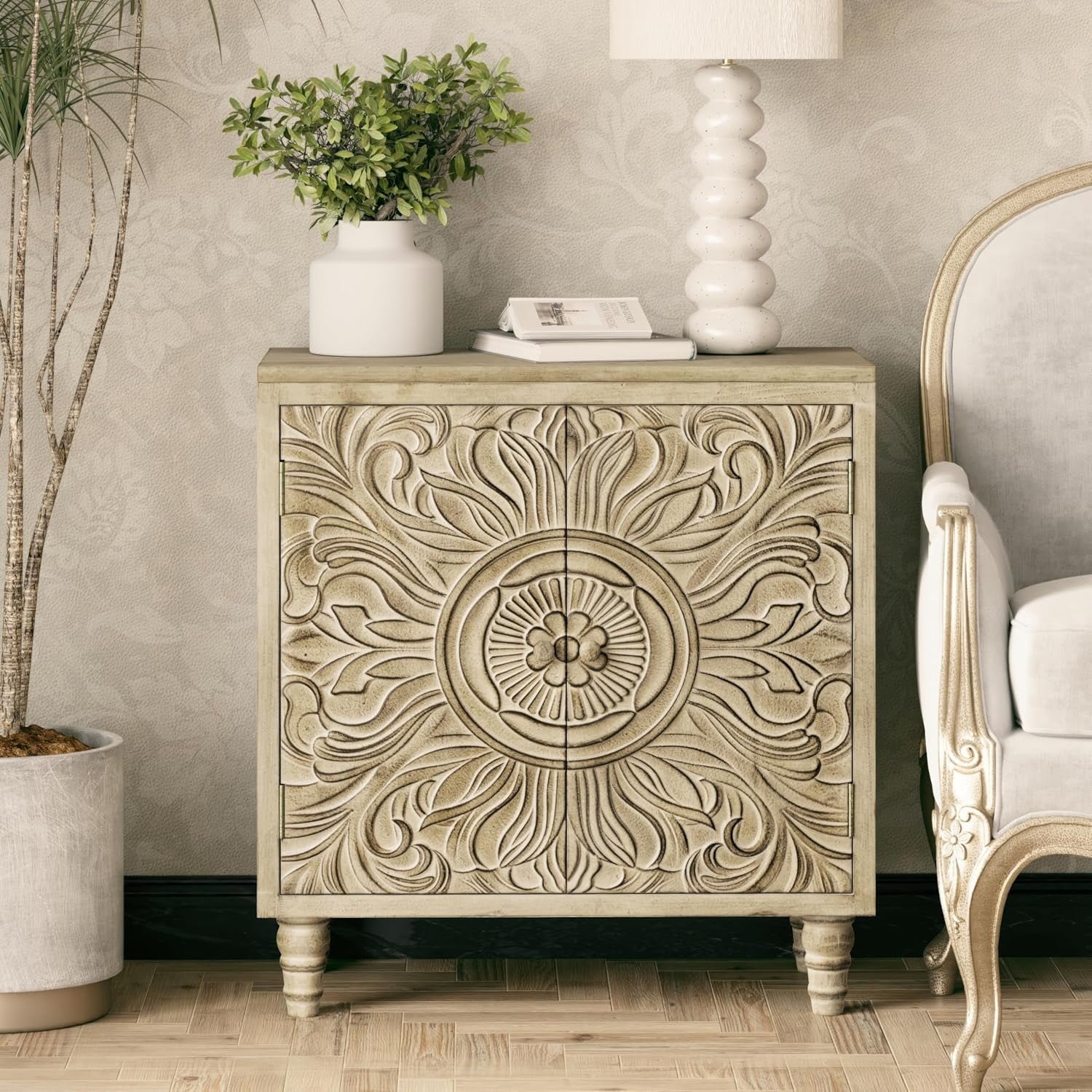 Farmhouse Storage Cabinet with Carved Flower Motif Front, Distressed ...