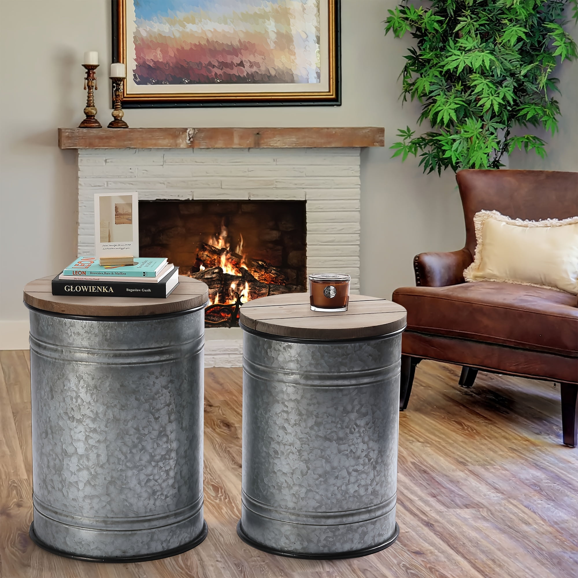 Farmhouse Storage Ottoman Set of 2, Galvanized Metal Base with Round ...