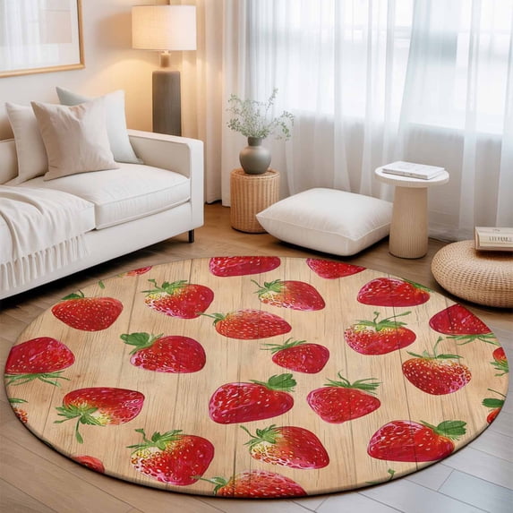 Farmhouse Strawberry Washable Round Area Rug 8 ft, Red Berry Rustic ...