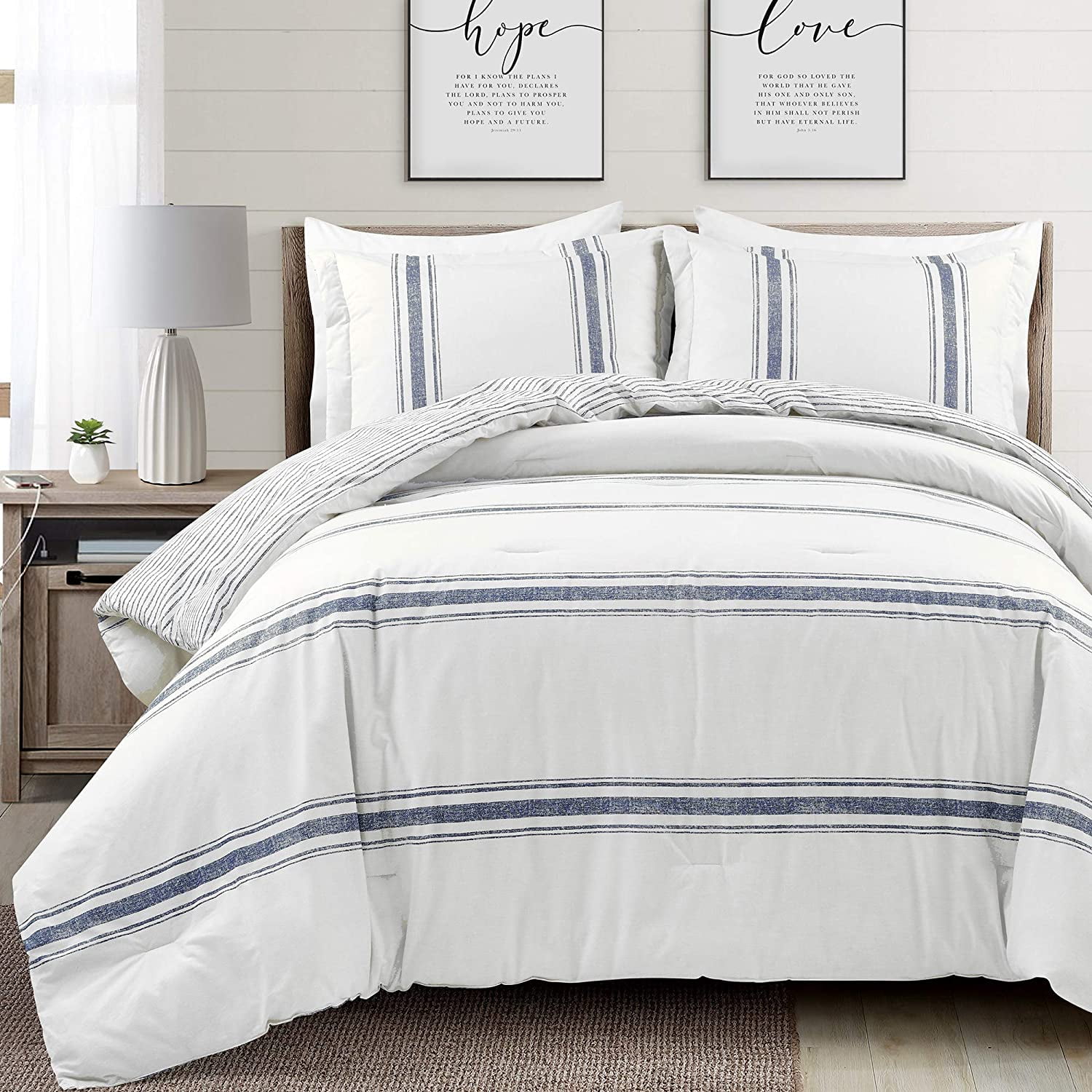 Farmhouse Stripe Reversible Cotton Comforter Set, 3 Piece Set, Full ...
