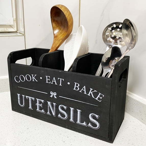 Farmhouse Style 3-Compartment Wooden Kitchen Utensil Organizer, Wall ...