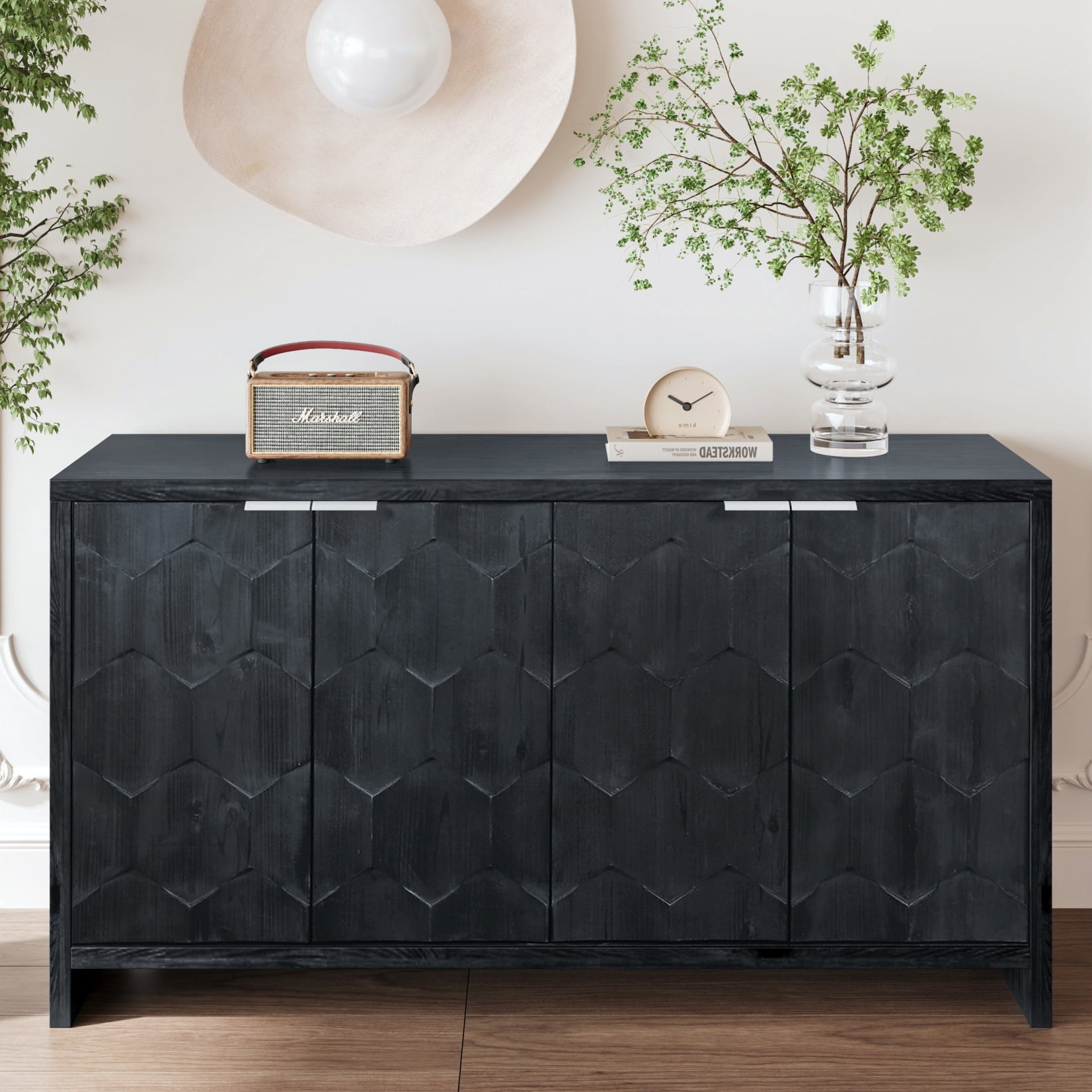 Farmhouse Style 4-Door Wooden Storage Cabinet, Buffet Server Sideboard ...