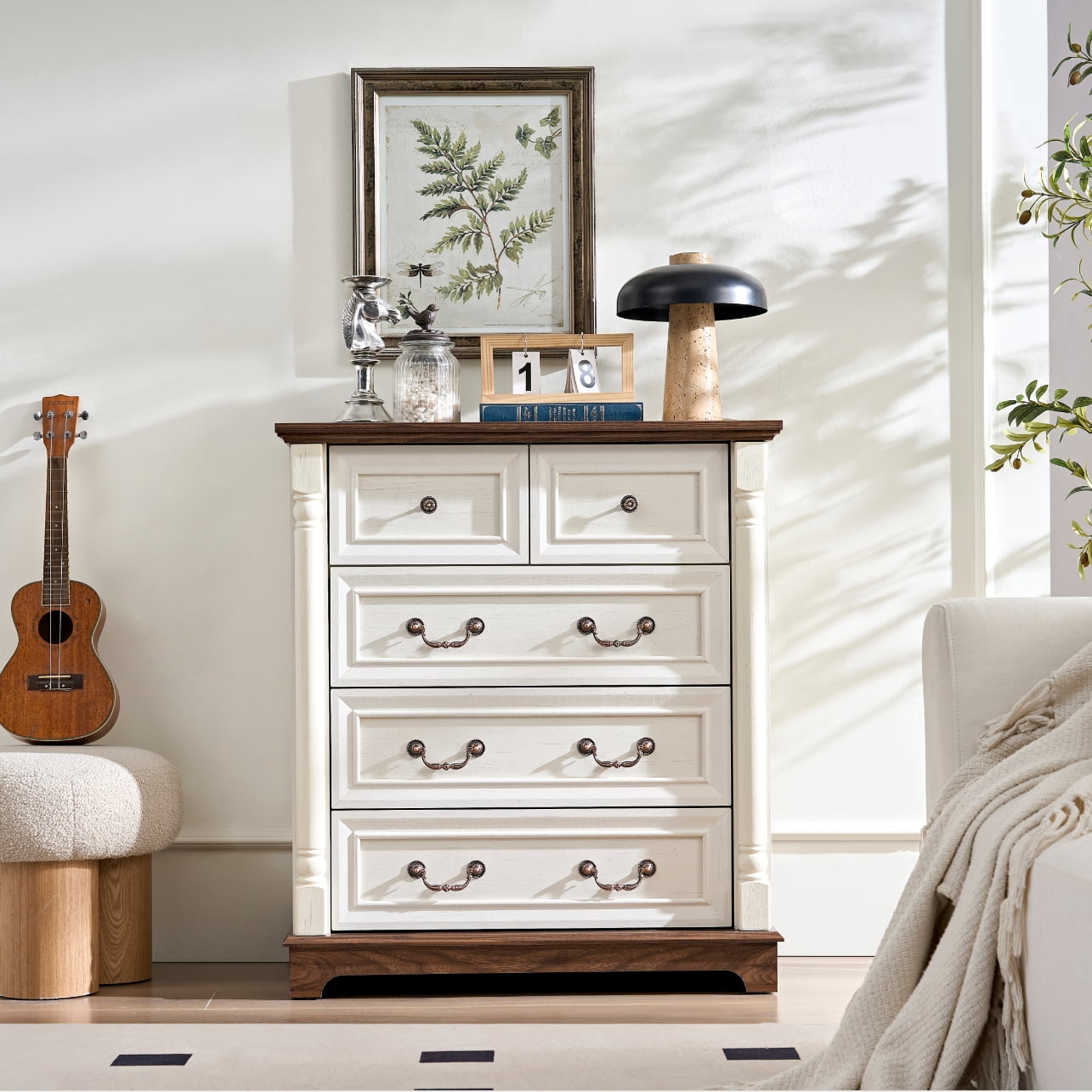 HebirHome Farmhouse Style 5 Drawer Dresser Chest with Base Wooden ...