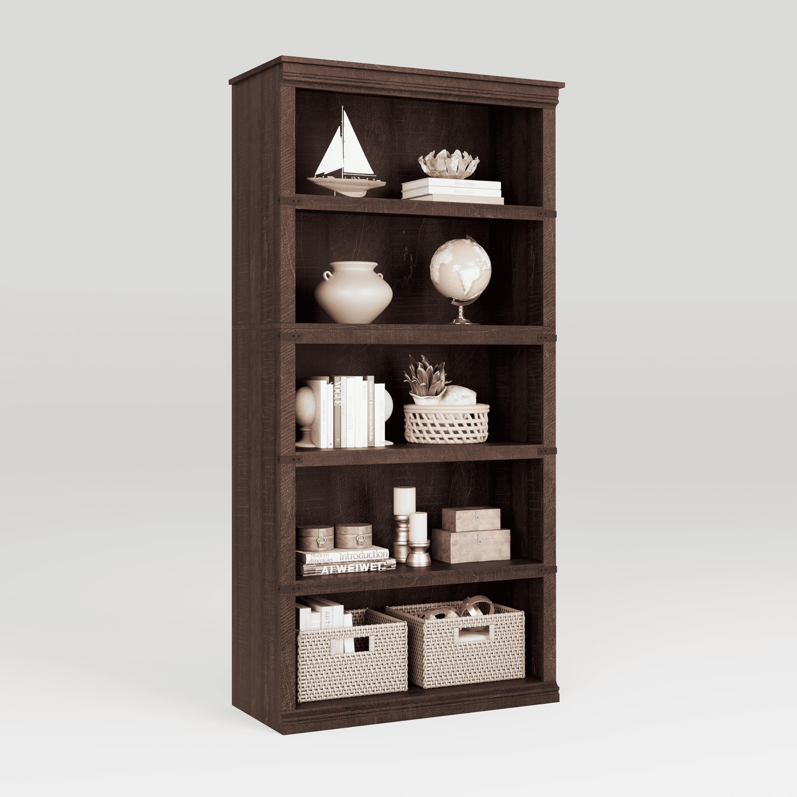 Farmhouse Style 5-Tier Bookcase - 67.4" Tall Real Wood Open Shelf for ...